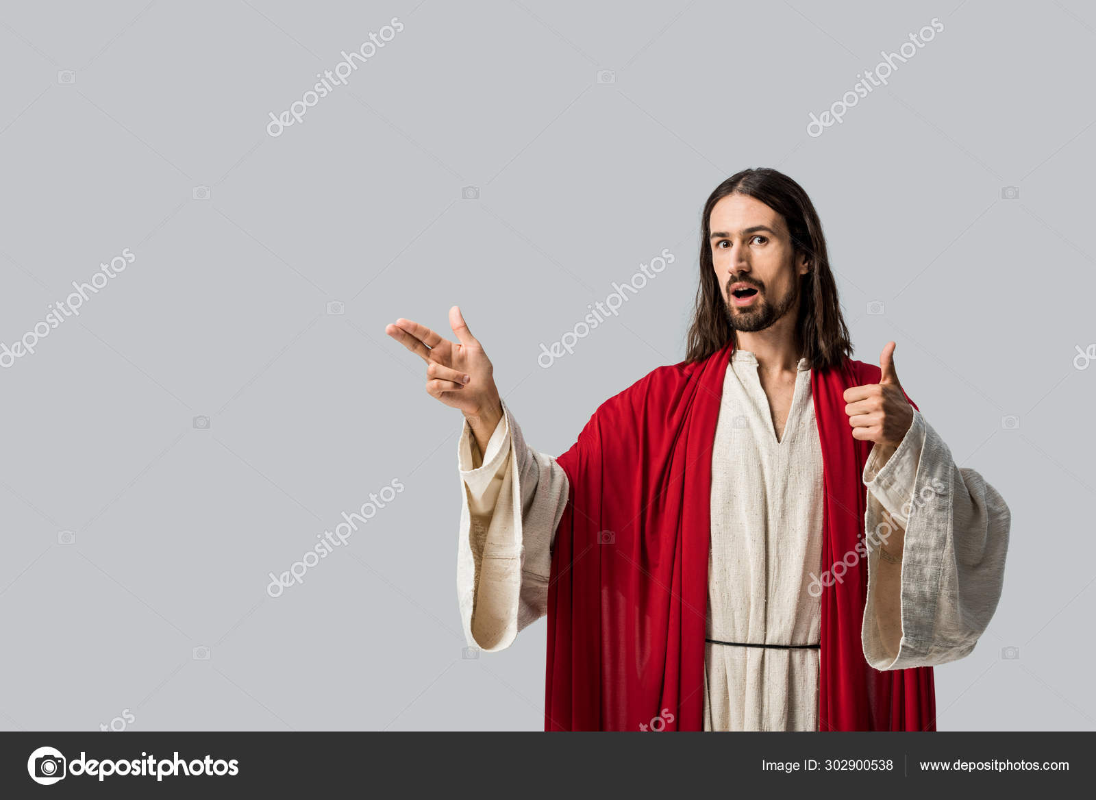Surprised Man Jesus Robe Showing Thumb Gesturing Isolated Grey — Stock ...
