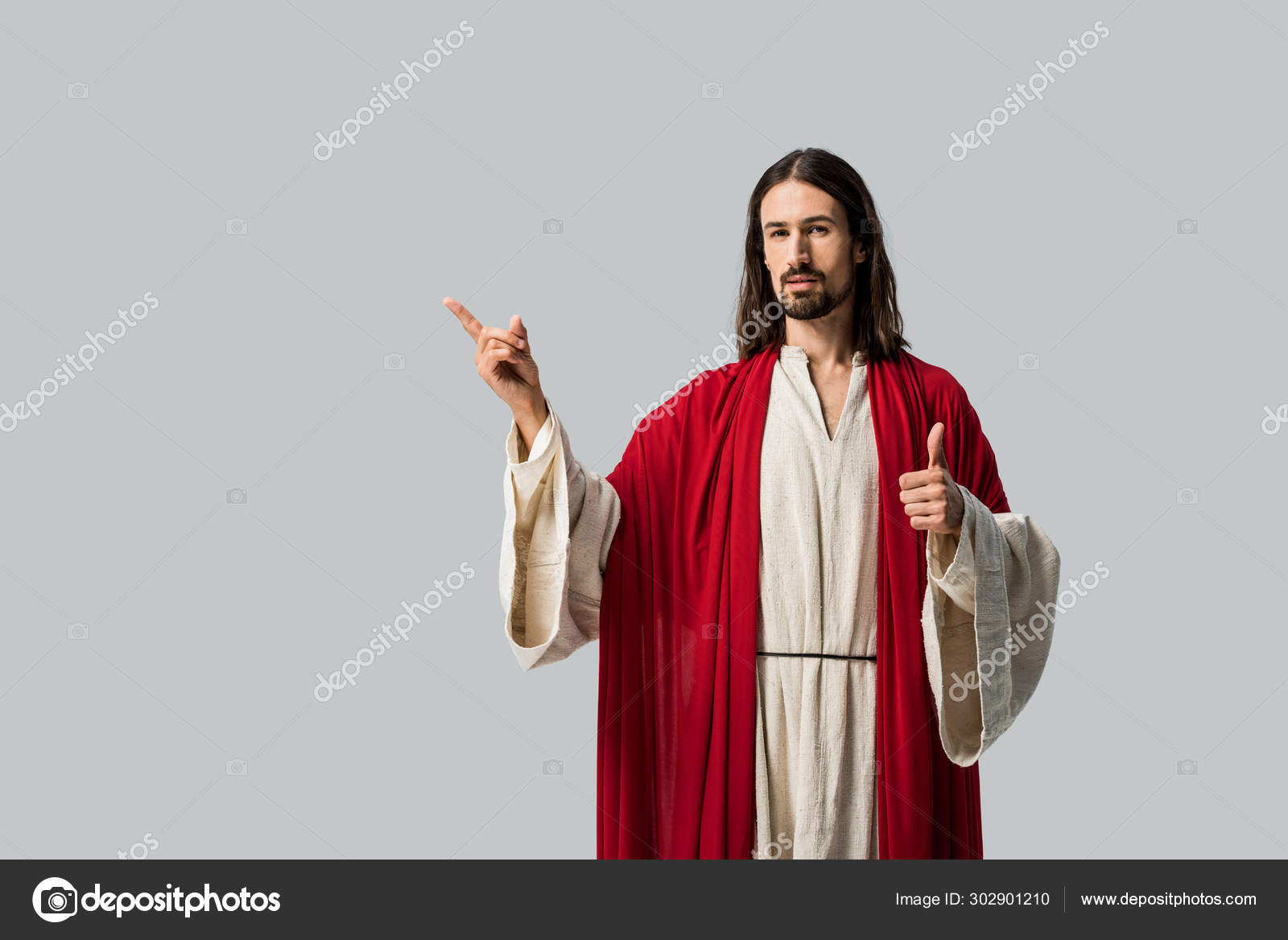 Man Jesus Robe Showing Thumb Gesturing Isolated Grey — Stock Photo ...
