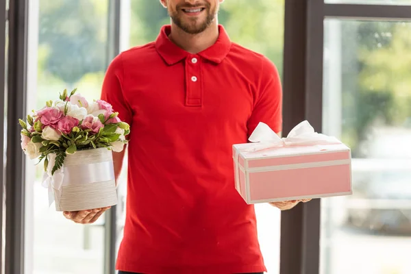 Cropped View Delivery Man Holding Pink Present Giving Digital Tablet ...