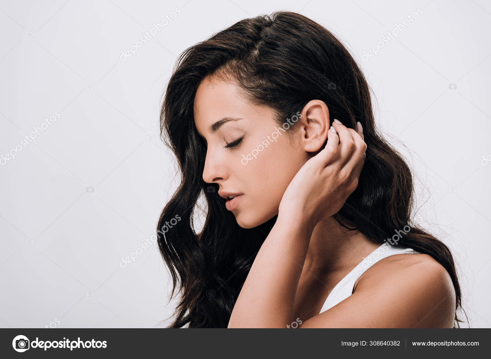 Side View Tender Brunette Beautiful Woman Long Healthy Shiny Hair ...