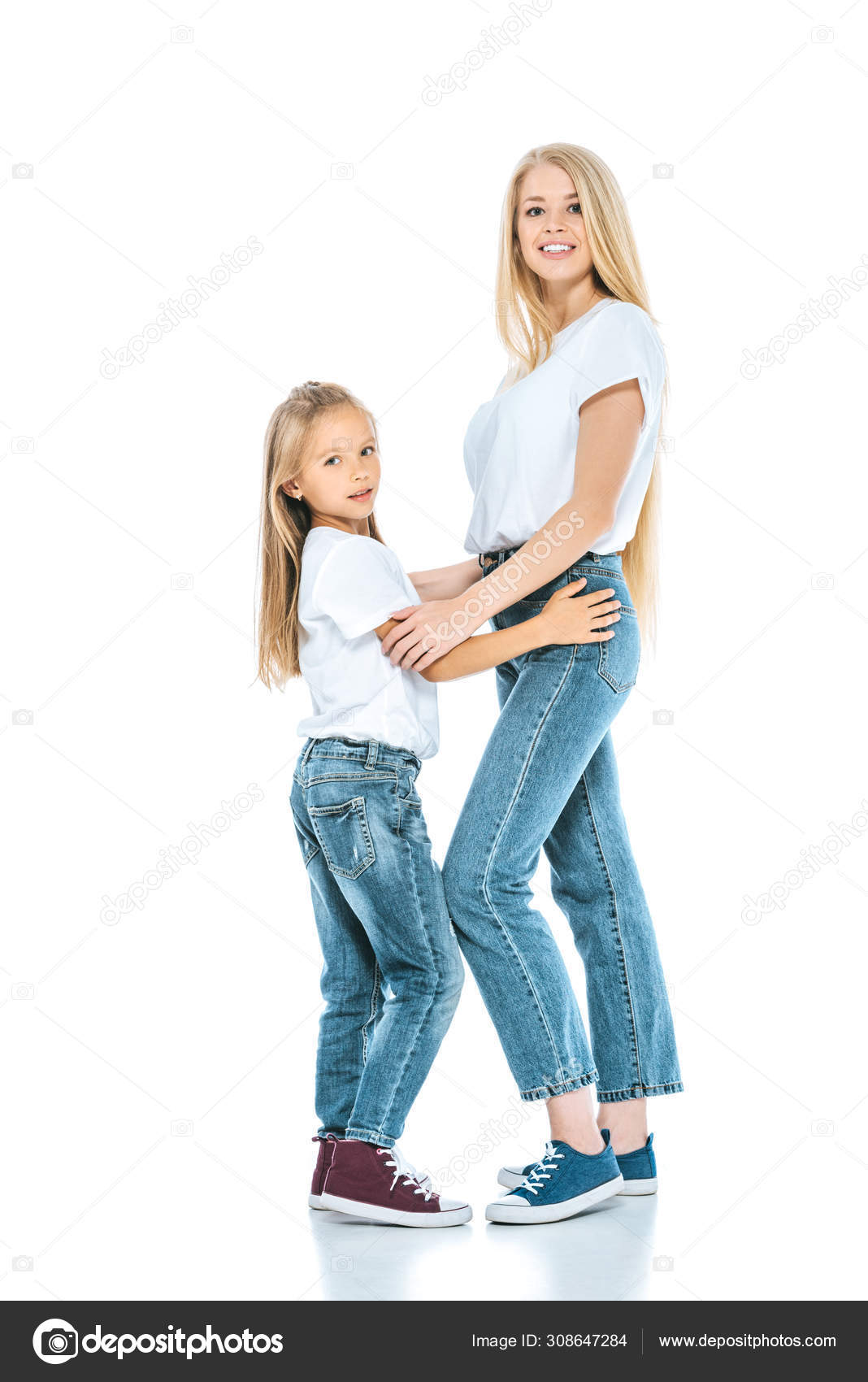 Beautiful Mother Standing Hugging Daughter White — Stock Photo ...