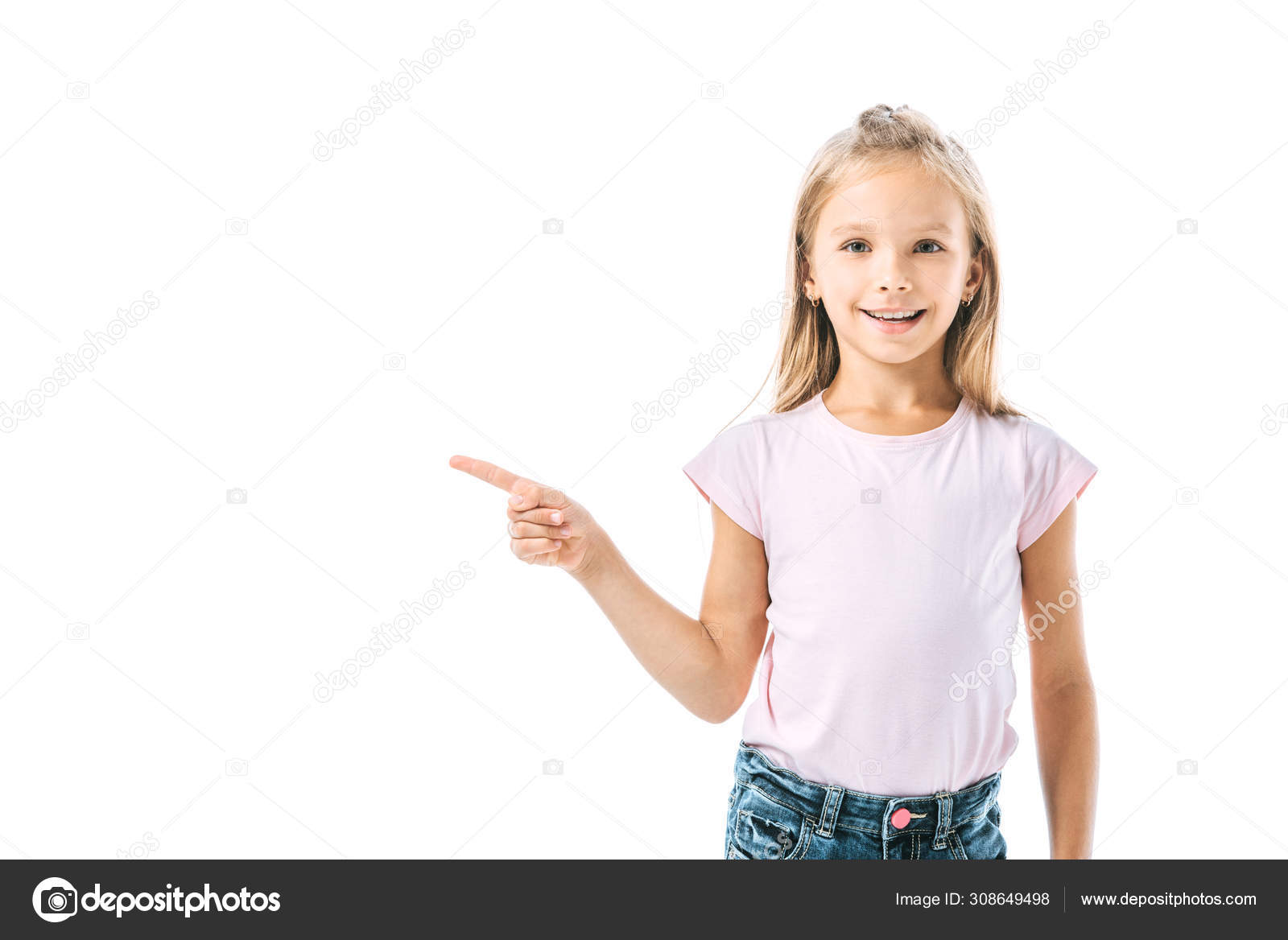 Positive Cute Kid Pointing Finger Isolated White — Stock Photo ...