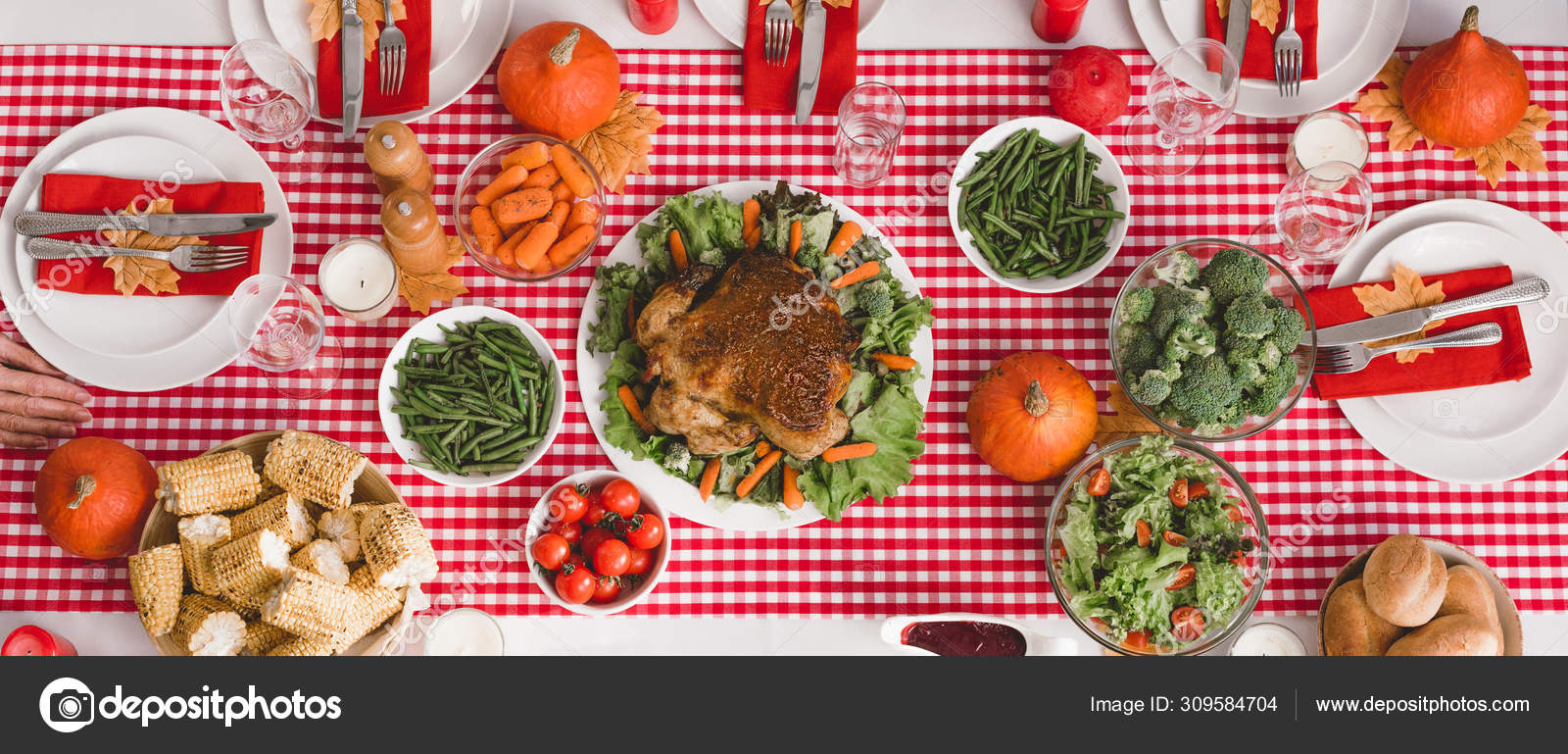 Panoramic Shot Table Salad Glasses Candles Vegetables Pepper Mill Corn ...