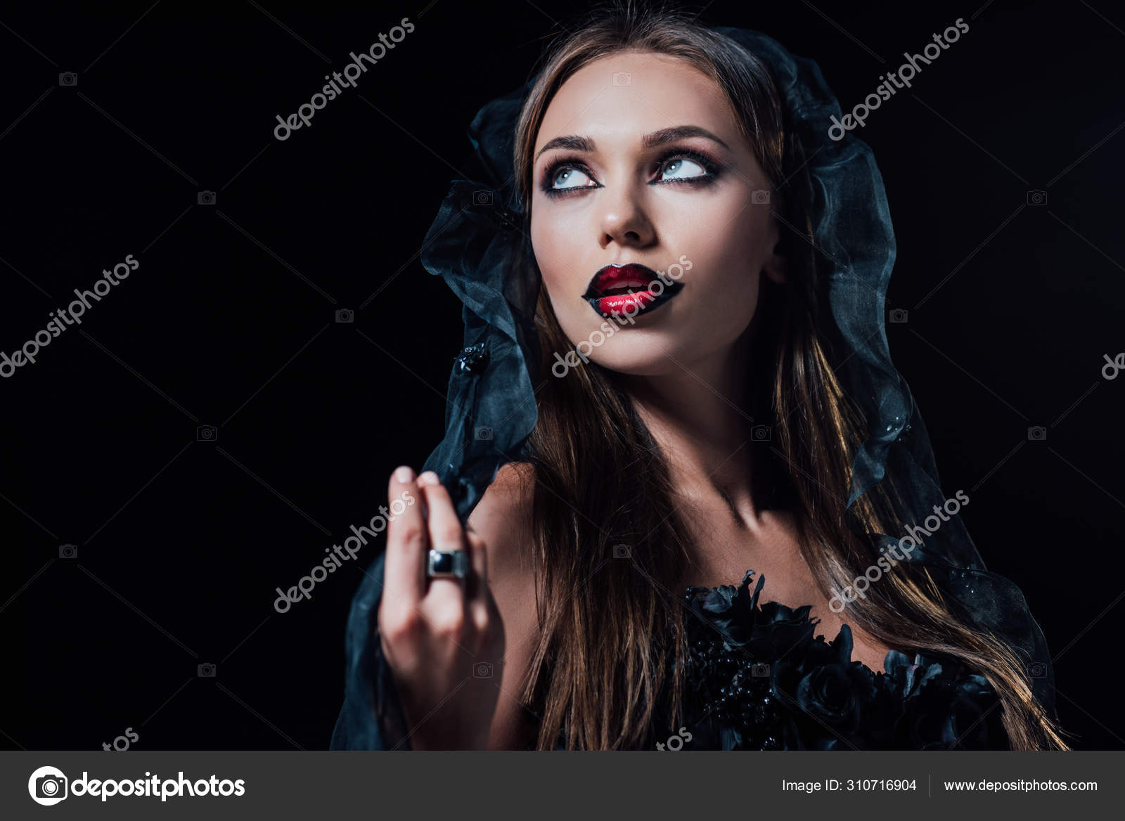 Scary Vampire Girl Black Gothic Dress Veil Isolated Black — Stock Photo ...