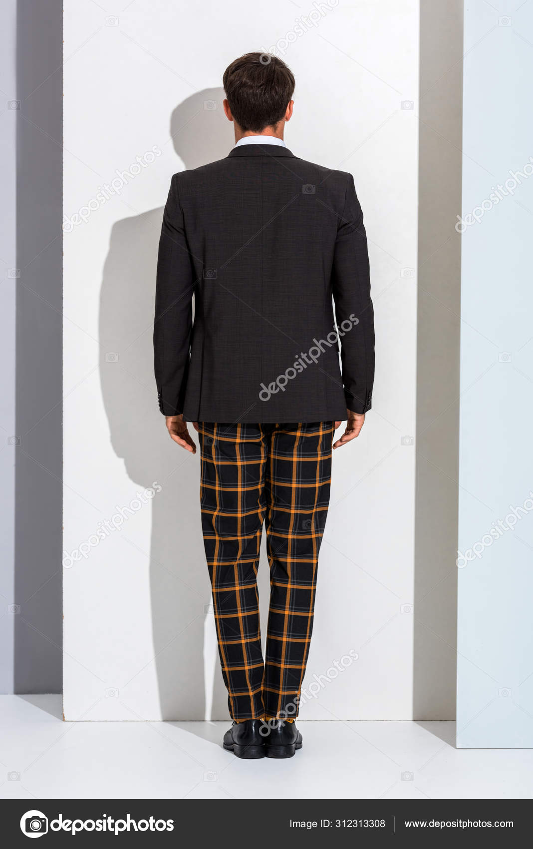 Back View Stylish Man Checkered Trousers Standing White Grey — Stock ...