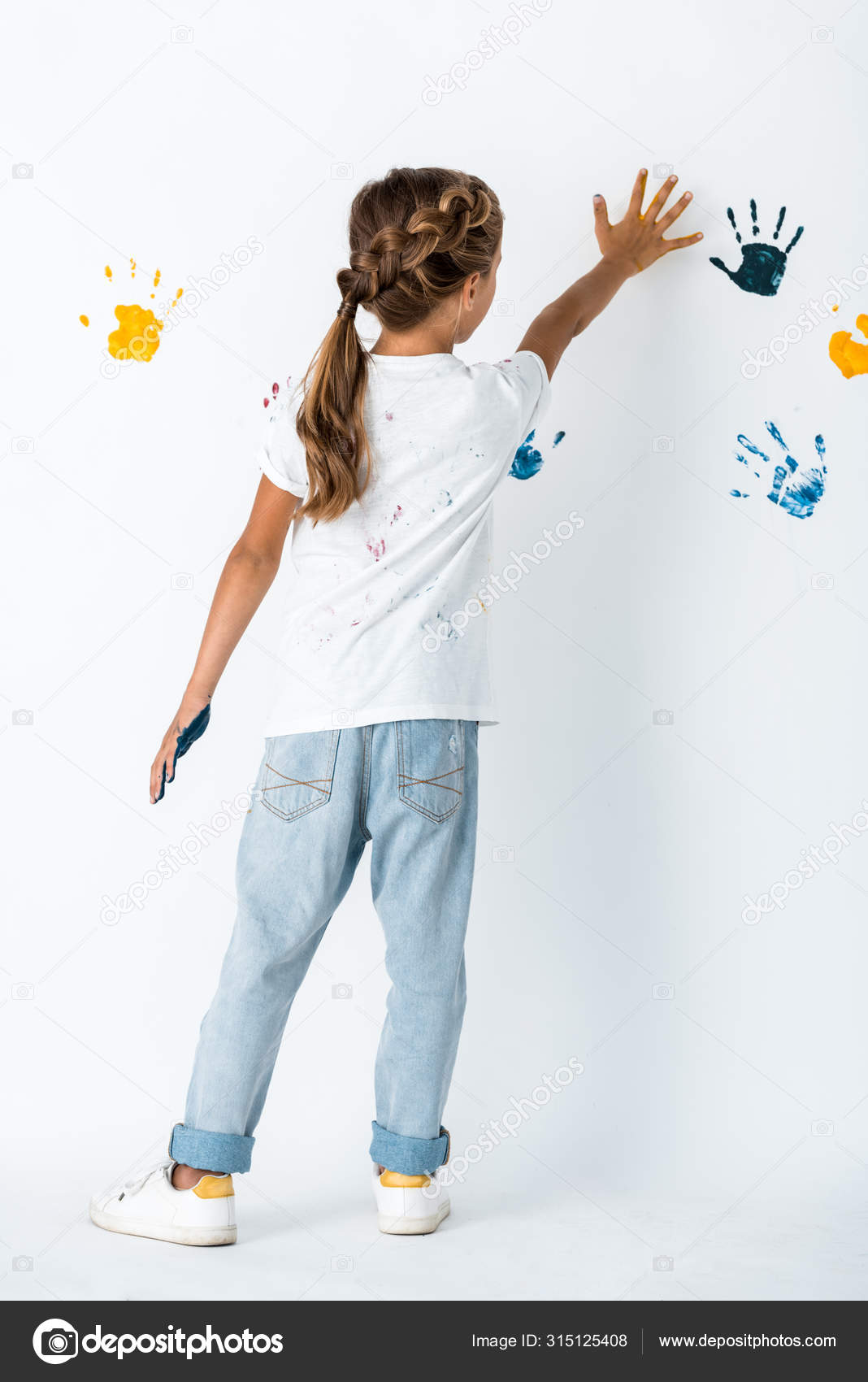 Back View Kid Jeans Putting Hand Hand Prints White Stock Photo by ...