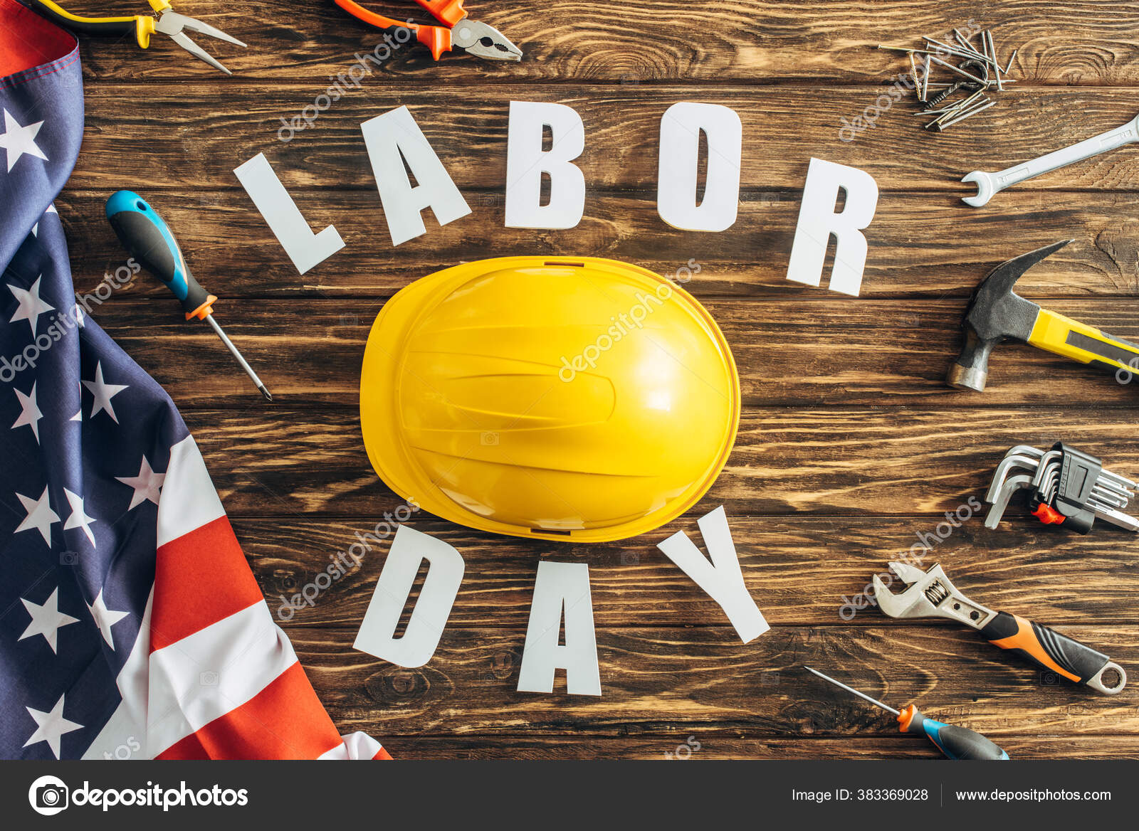 Top View Tools Safety Helmet American Flag Labor Day Lettering Stock ...