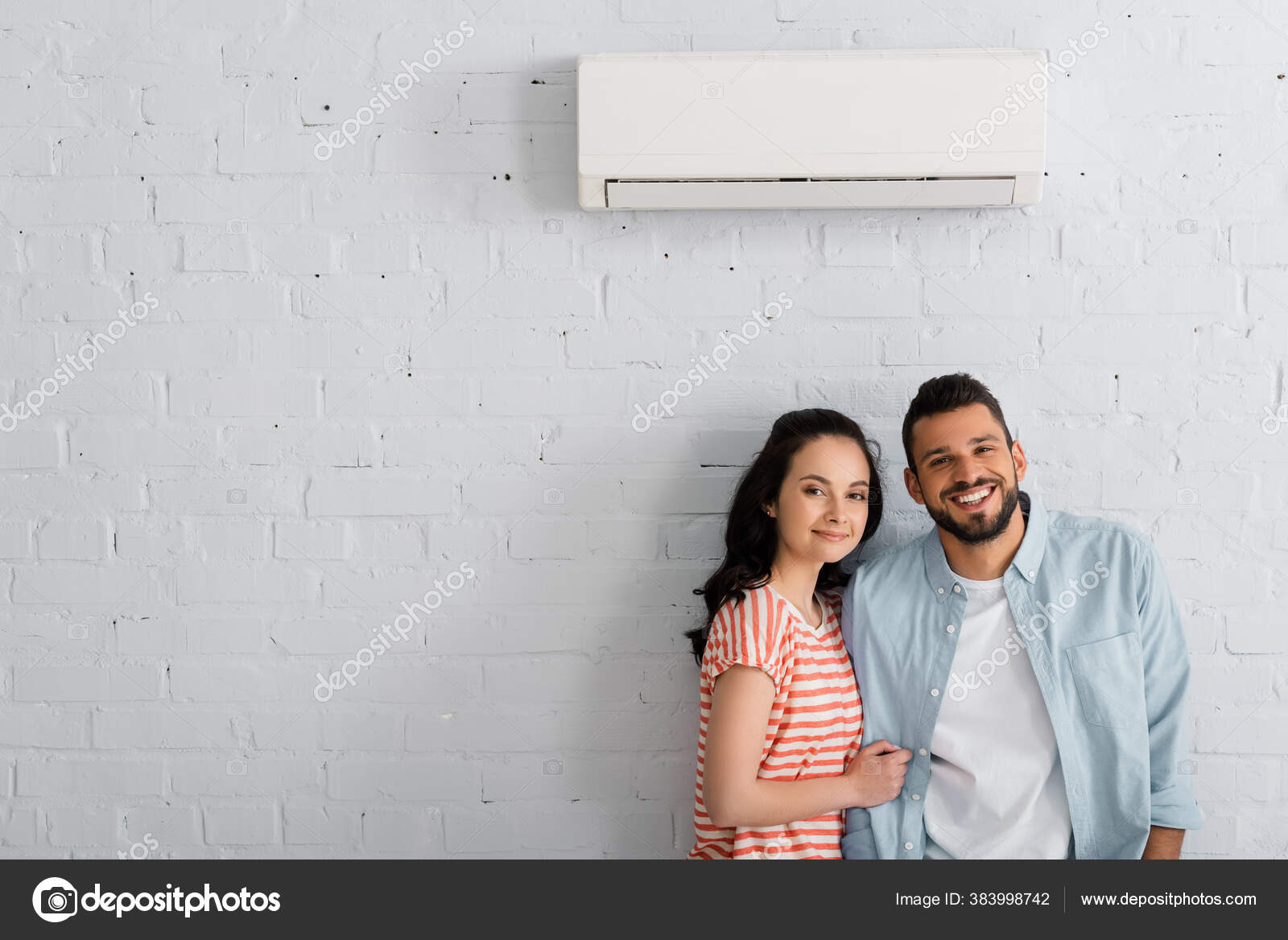 Young Couple Smiling Camera While Standing Air Conditioner Wall Home ...