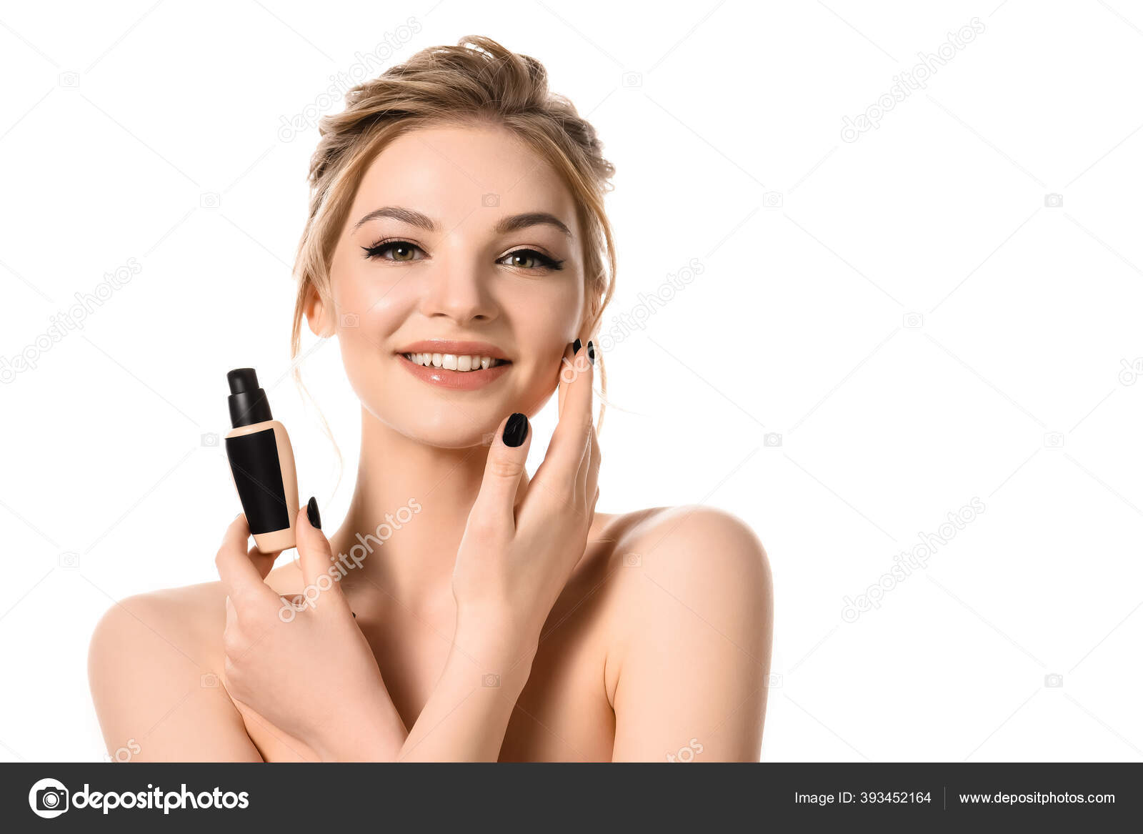 Smiling Naked Beautiful Blonde Woman Makeup Black Nails Holding Face