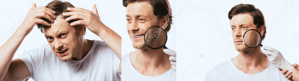 Collage de hombre insatisfecho tocando el cabello y dermatólogo ...