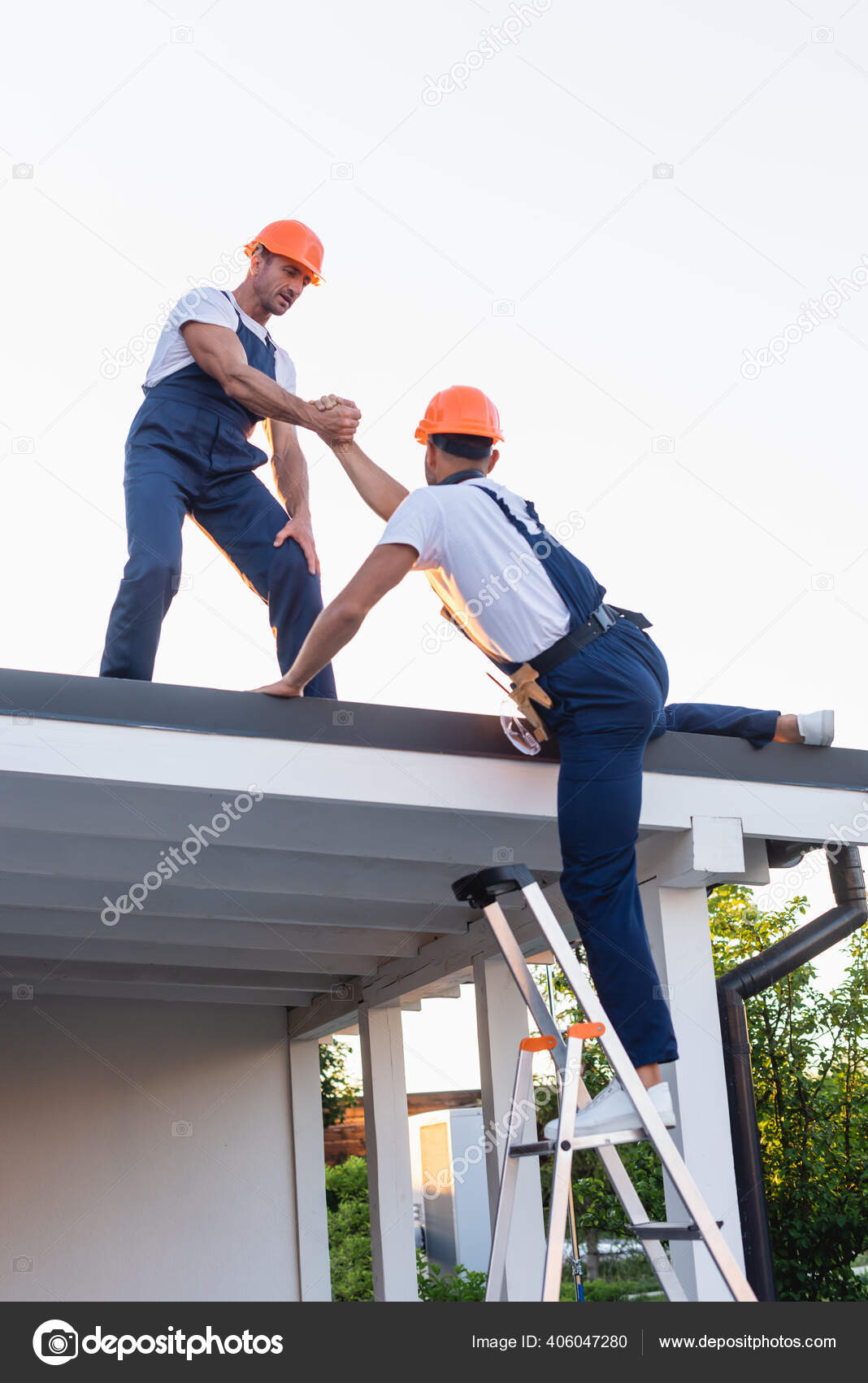 Builder Helping Colleague Ladder Roof Building ⬇ Stock Photo, Image by ...