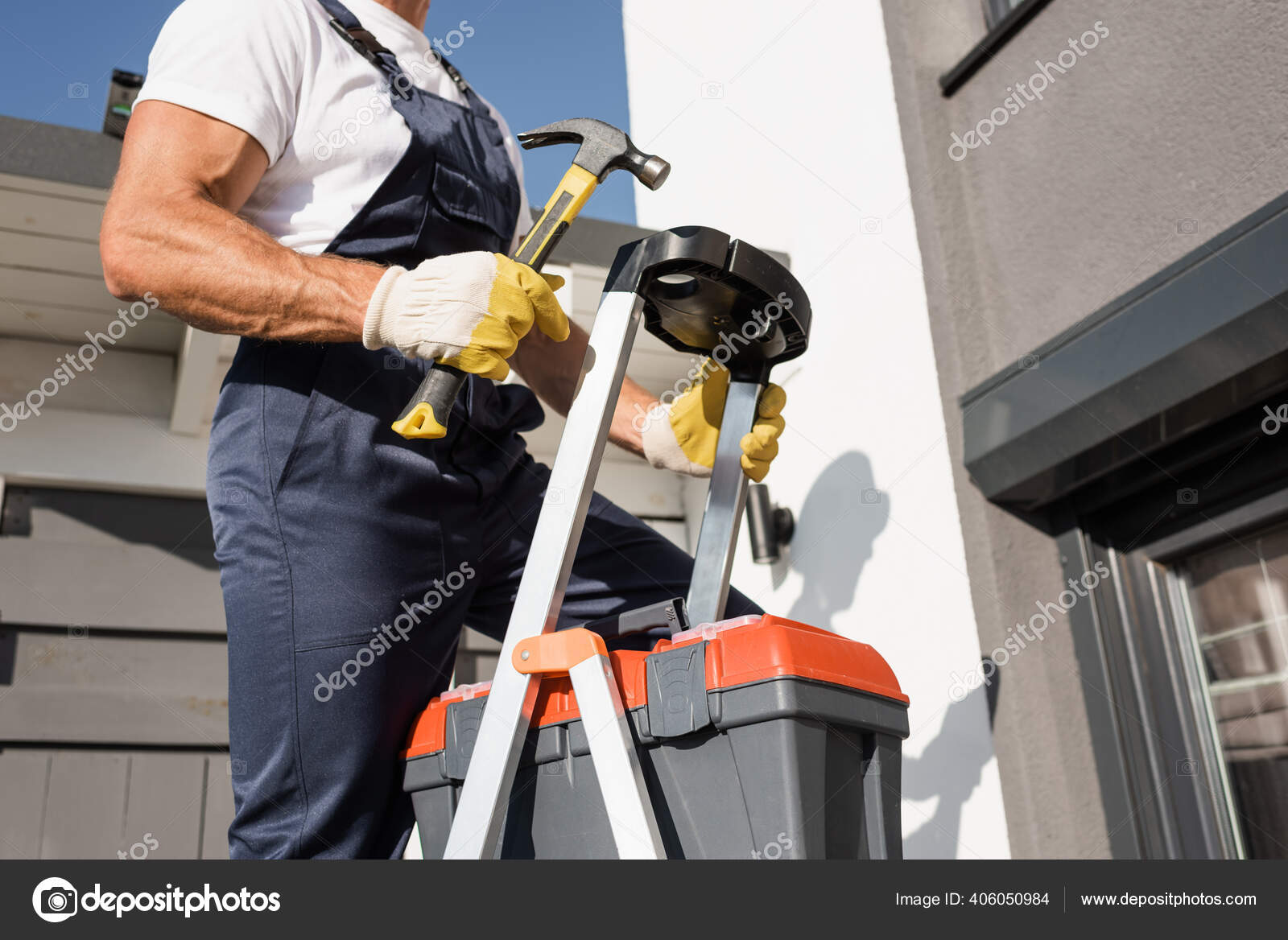 Cropped View Workman Hammer Standing Ladder Toolbox Building — Stock ...