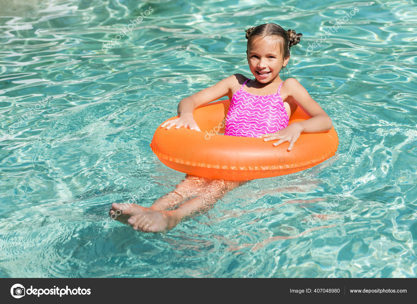 Girl Looking Camera While Floating Inflatable Ring Swimming Pool Stock ...