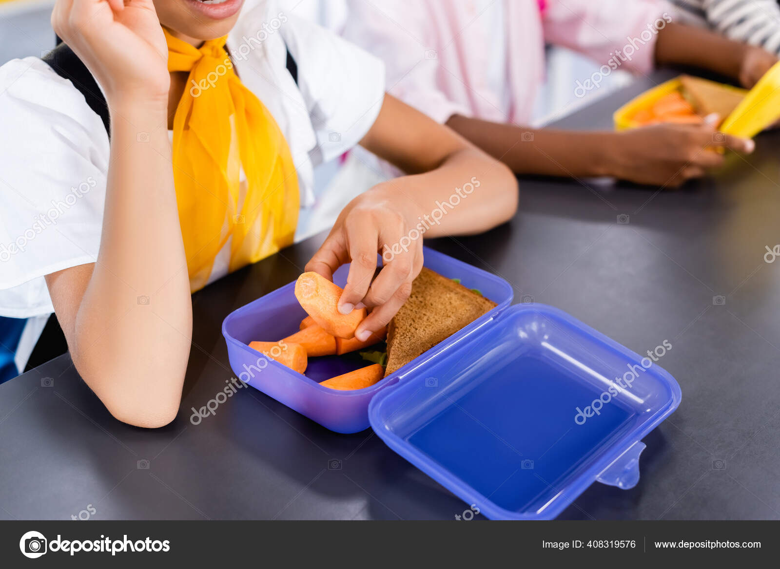Cropped View Schoolgirl Taking Fresh Carrot Lunch Box African American ...