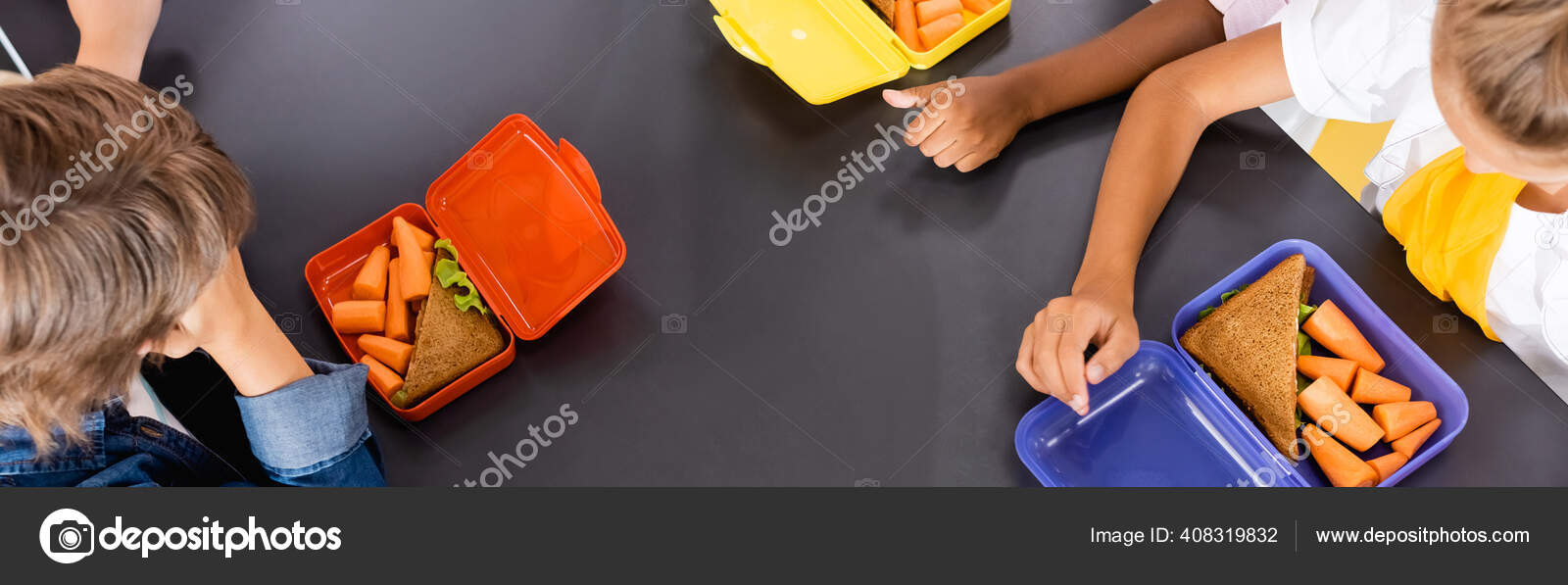 Overhead View Multicultural Pupils Lunch Boxes Sandwiches Fresh Carrots ...