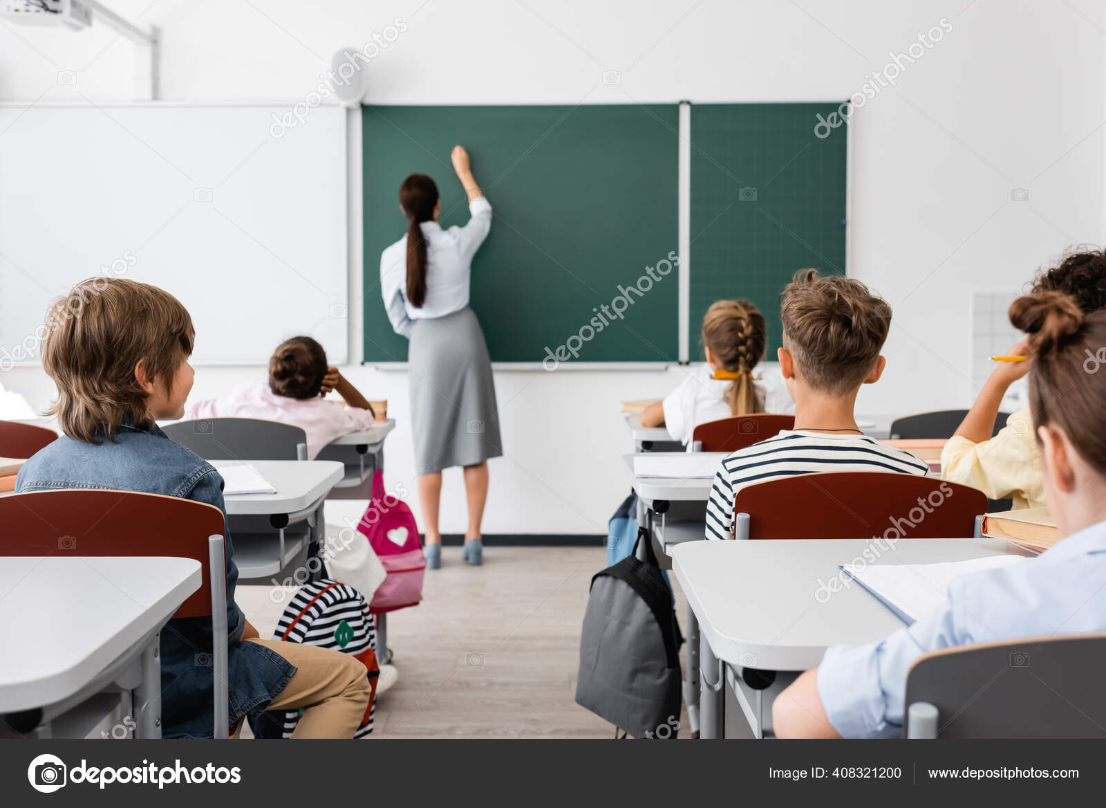 Back View Teacher Writing Chalkboard Multicultural Pupils Classroom ... Back View Teacher Writing Chalkboard Multicultural Pupils Classroom ...