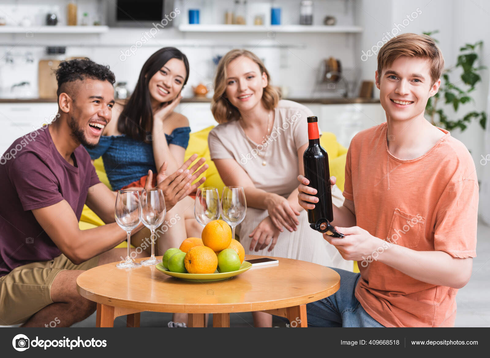 Young Man Holding Bottle Red Wine Multicultural Friends Fresh Fruits ...