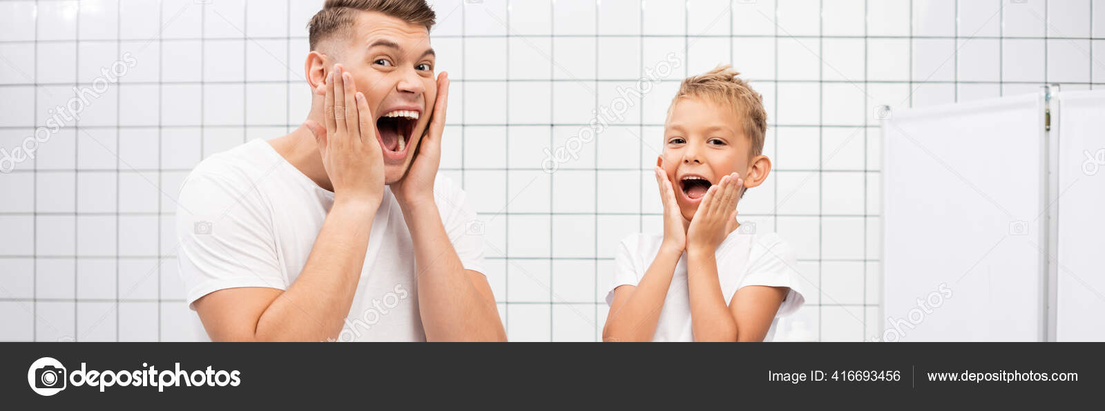 Shocked Father Son Shouting While Touching Cheeks Hands Bathroom Banner ...