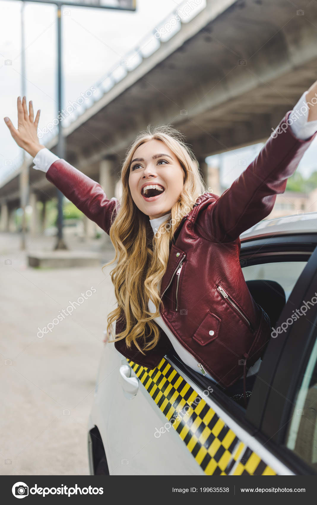 Cheerful Blonde Girl Raising Hands Looking Away Taxi Window — Stock ...