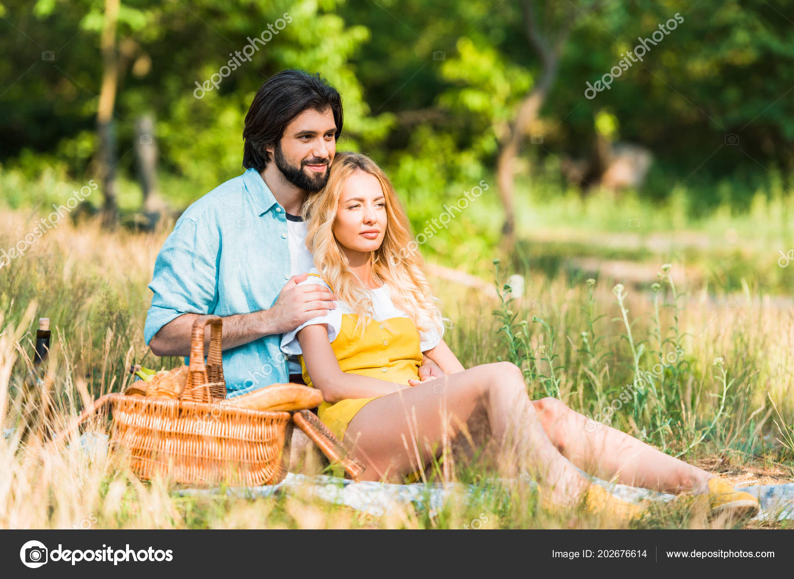 Affectionate Couple Hugging Sitting Grass Picnic Stock Photo by ...