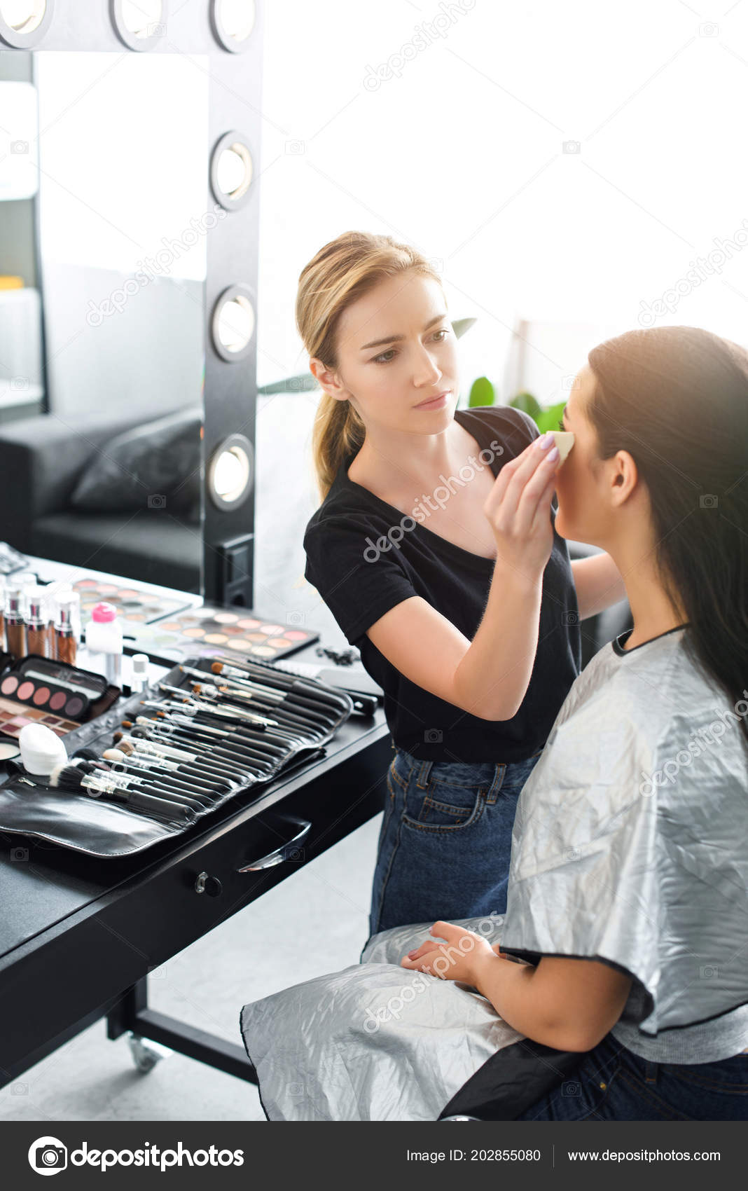 Side View Beautiful Young Woman Getting Makeup Done Focused Makeup ...