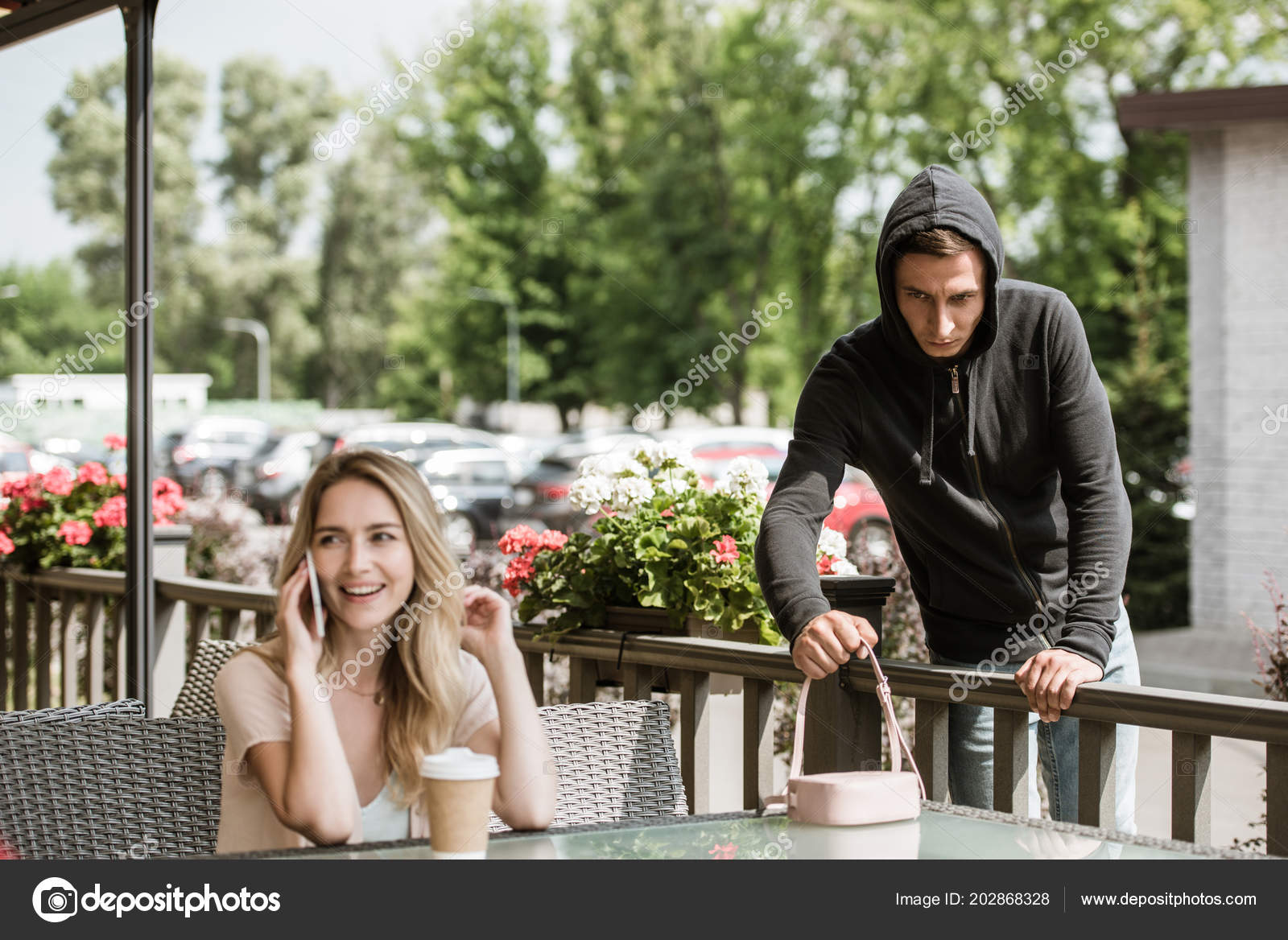 Criminal Man Stealing Bag Table Restaurant Terrace While Woman Talking ...