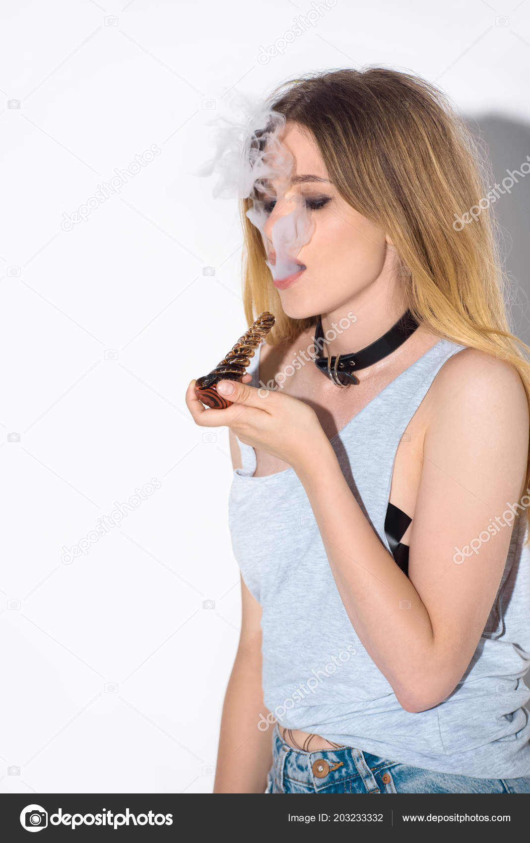 Attractive Young Woman Smoking Cannabis Pipe White — Stock Photo © VitalikRadko #203233332