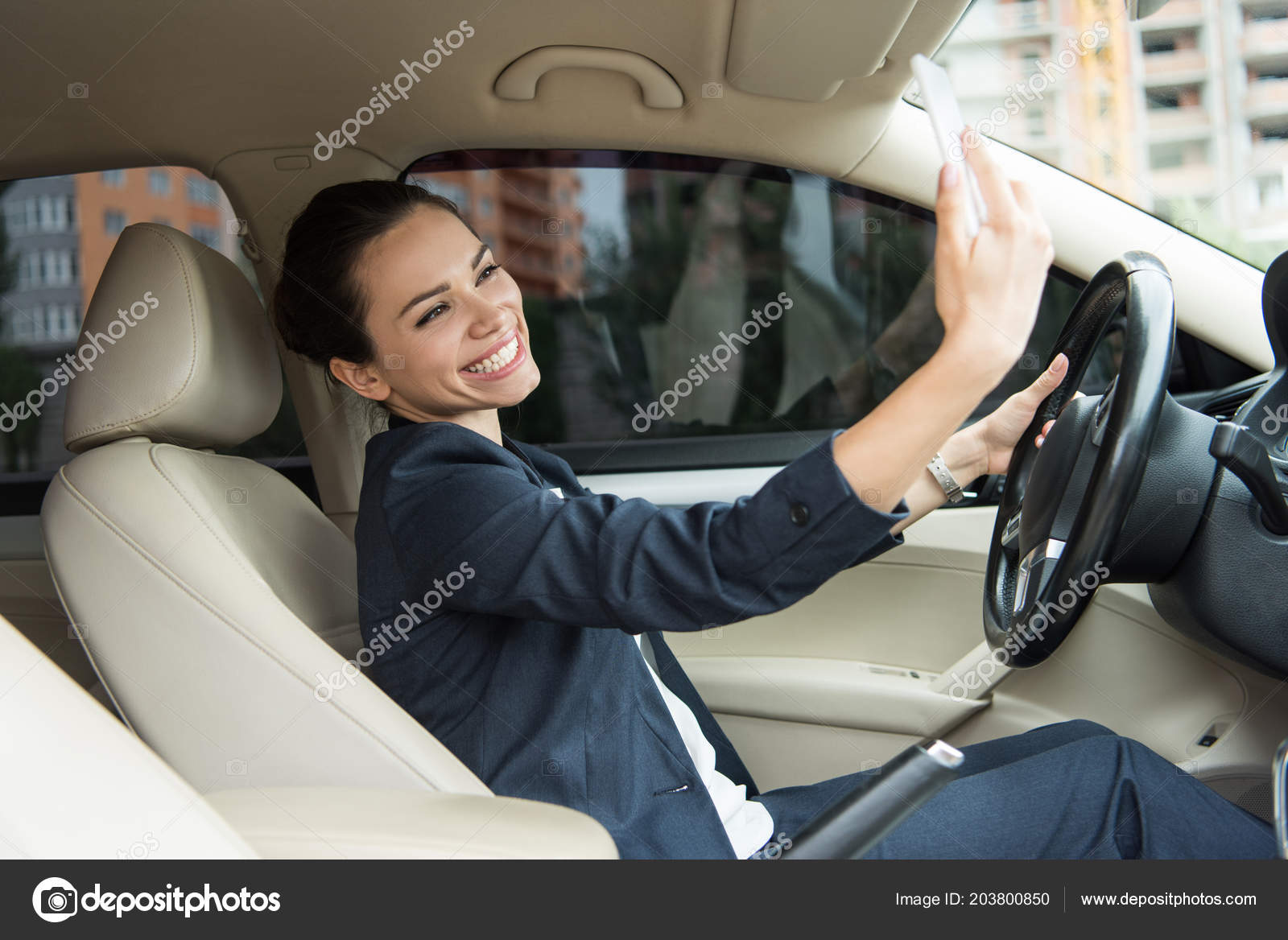 Attractive Smiling Driver Taking Selfie Smartphone Car — Stock Photo ...