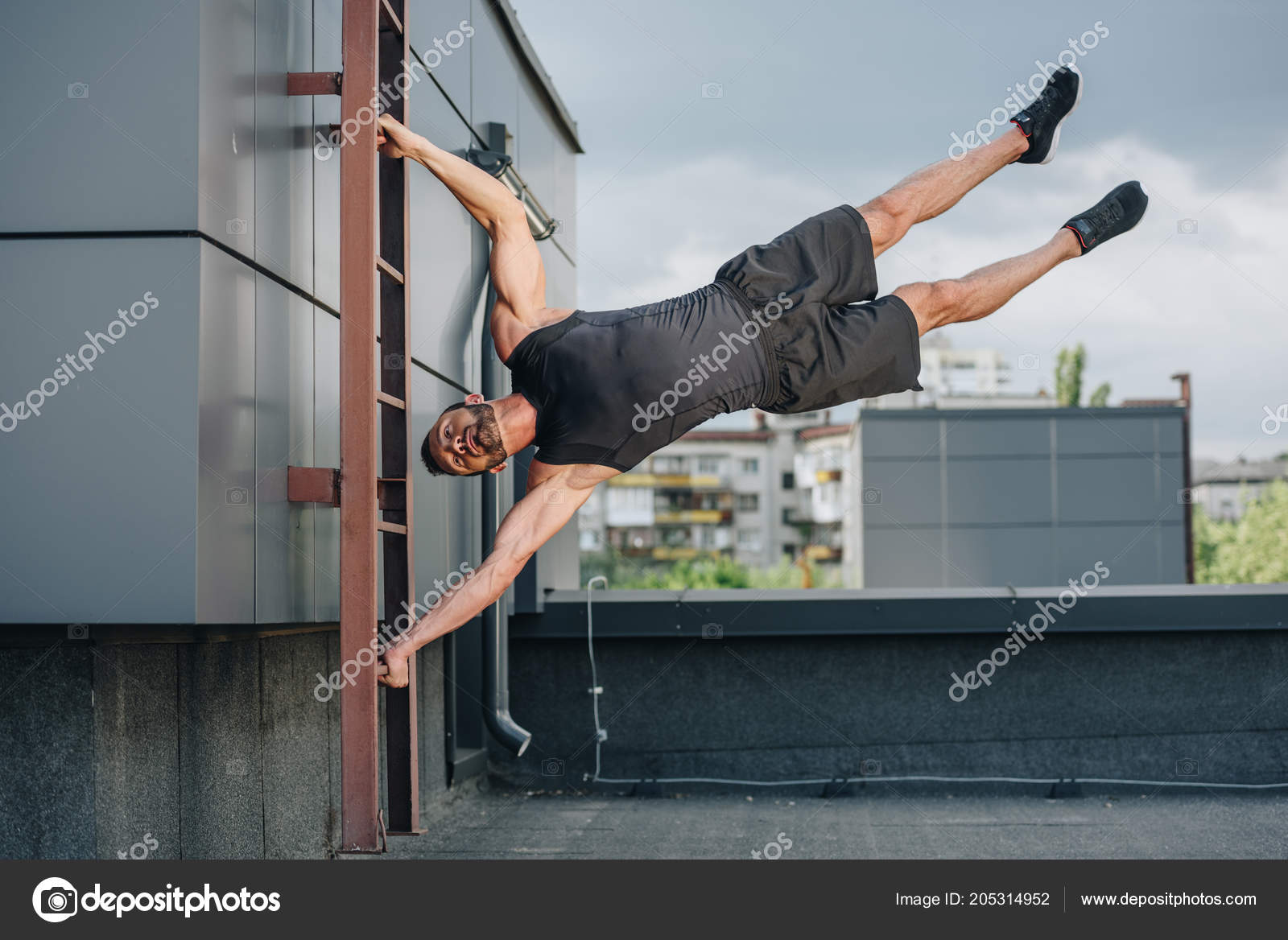 Handsome Strong Sportsman Training Ladder Roof — Stock Photo ...