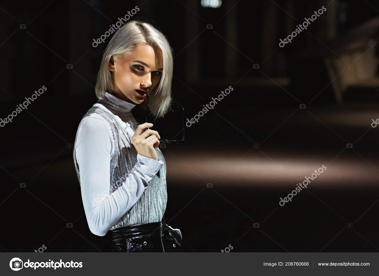 Young Woman Looking Camera Street Night Lantern Light Stock Photo by ...