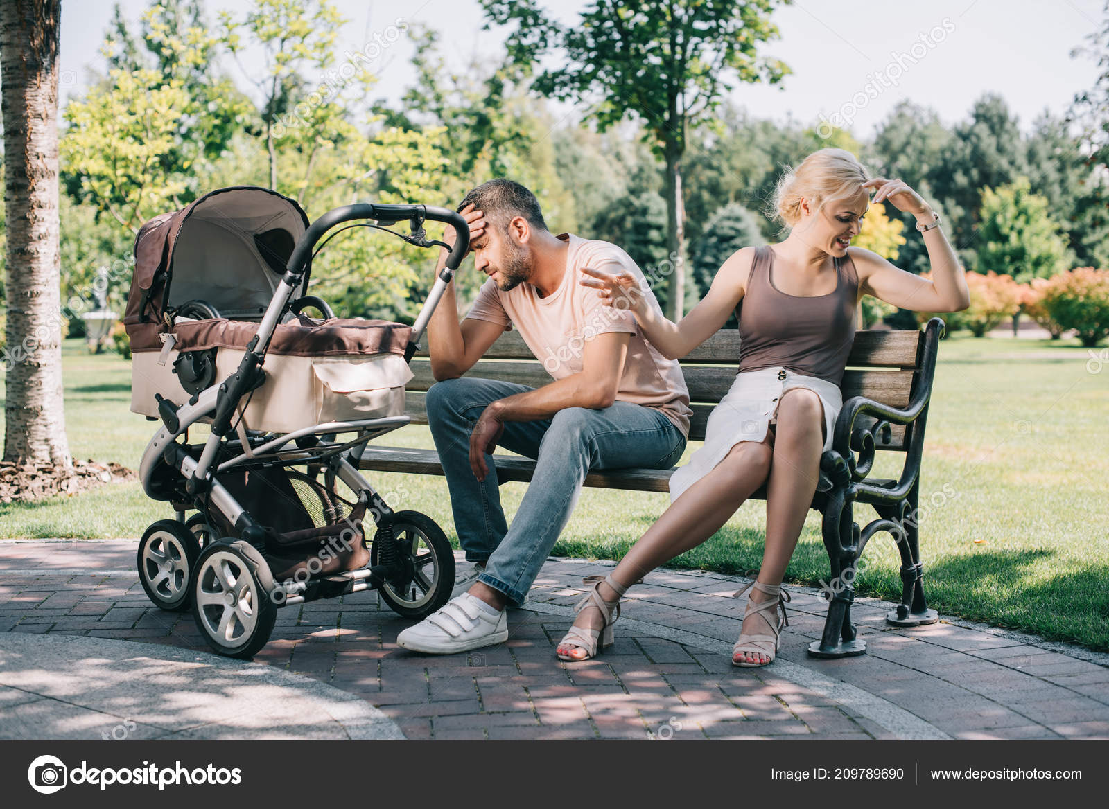Aggressive Parents Sitting Bench Baby Carriage Park — Stock Photo ...