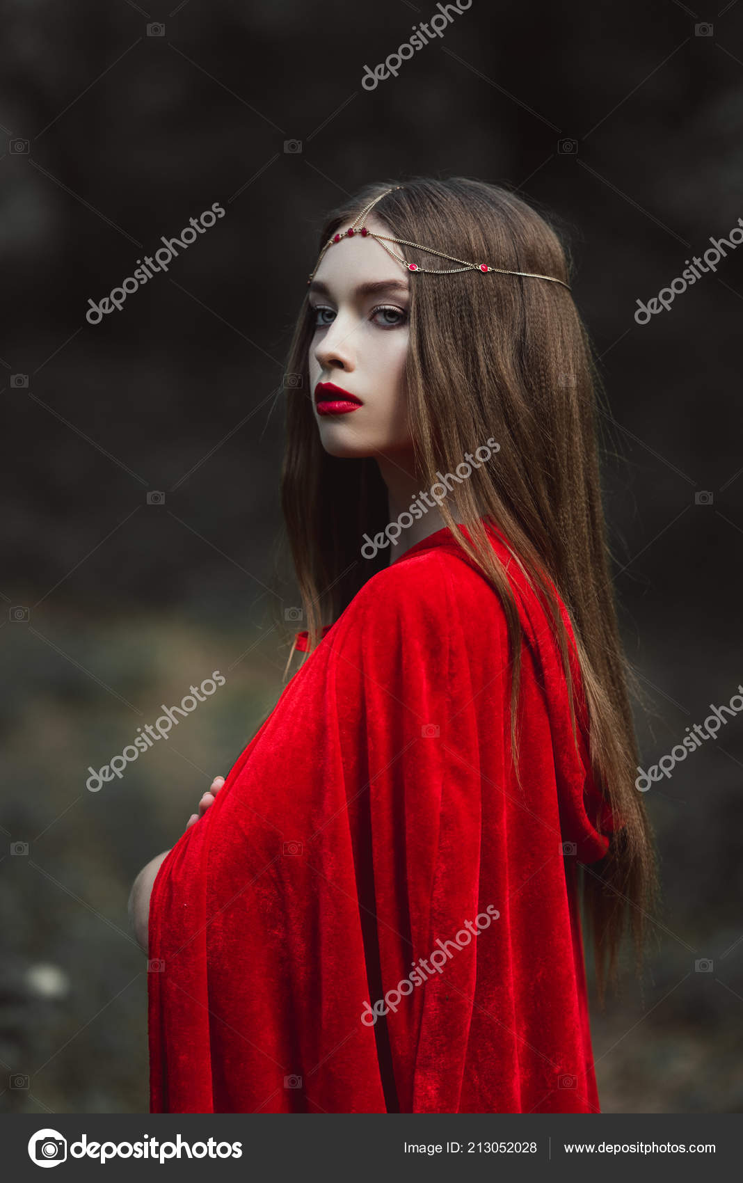 Attractive Mystic Girl Red Cloak Wreath Forest — Stock Photo ...