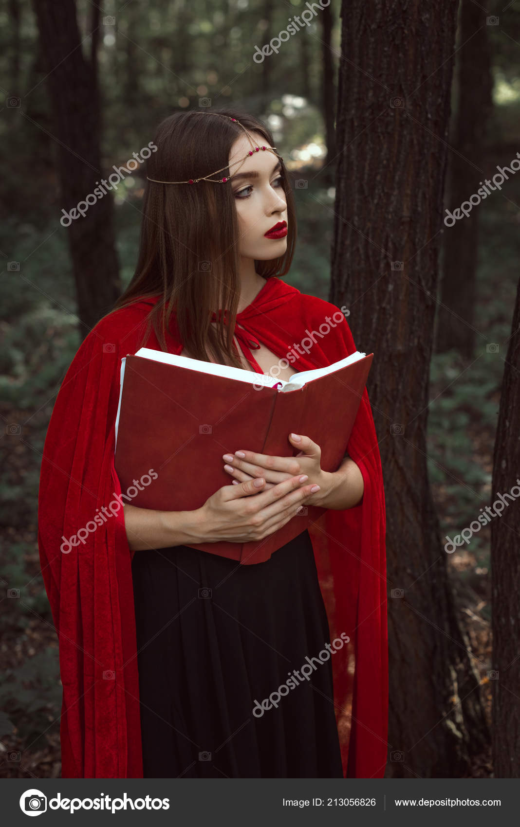 Beautiful Mystic Girl Red Cloak Wreath Holding Magic Book Forest ...