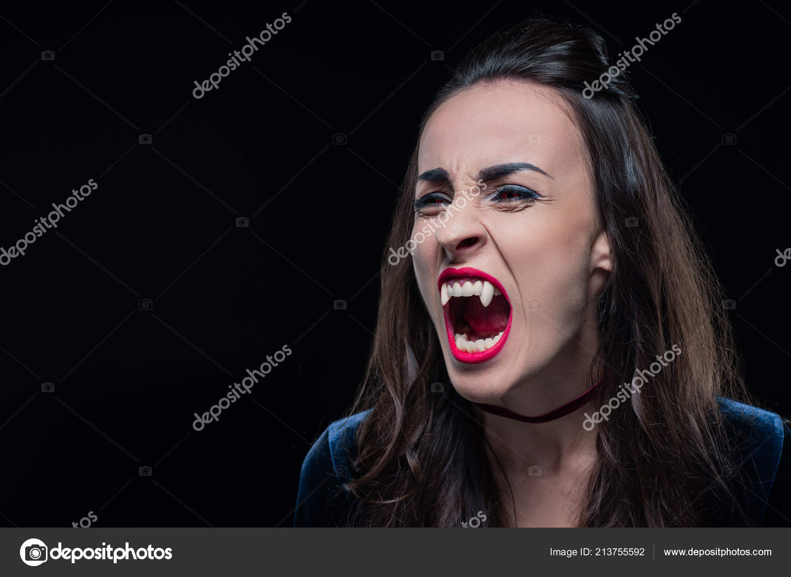 Dreadful Woman Showing Vampire Teeth Isolated Black — Stock Photo ...