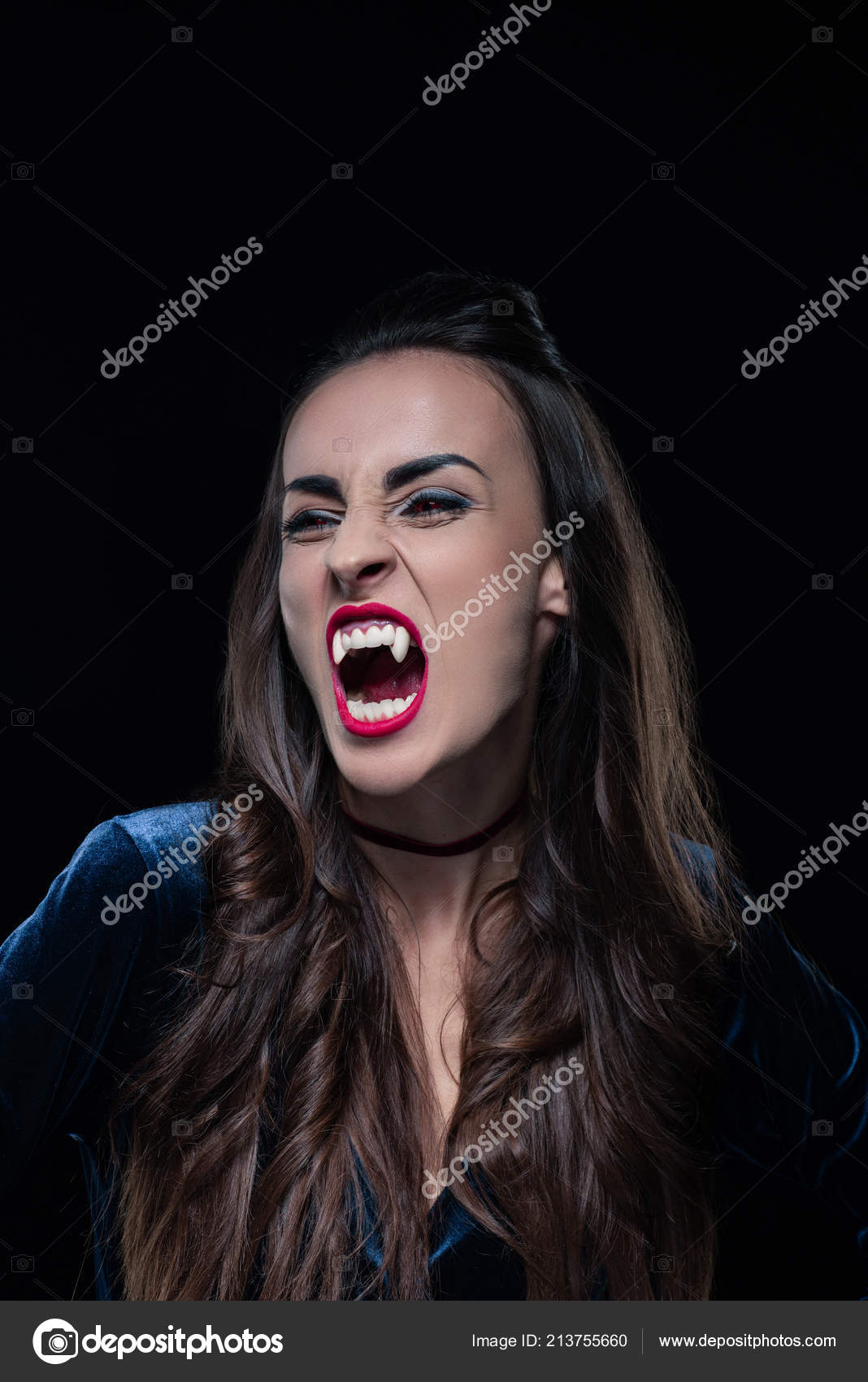Beautiful Woman Showing Vampire Teeth Isolated Black — Stock Photo ...