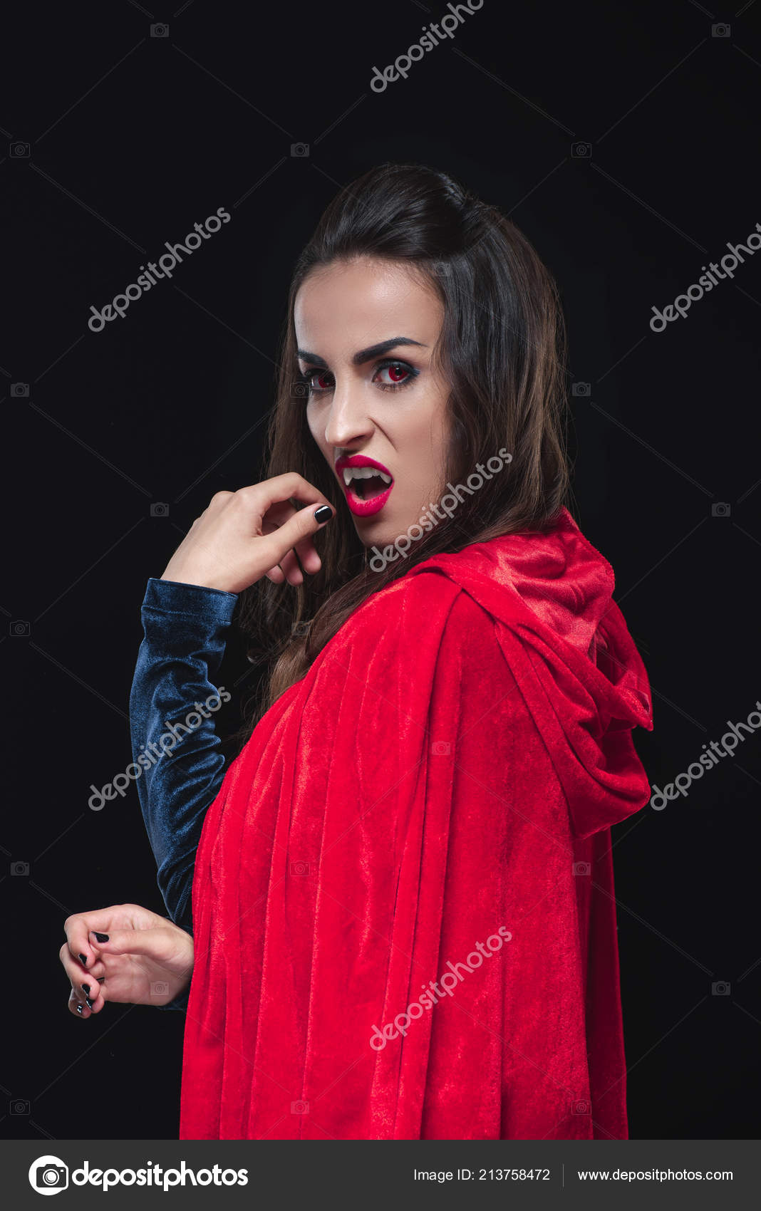 Dreadful Vampire Woman Red Cloak Showing Her Teeth Isolated Black ...