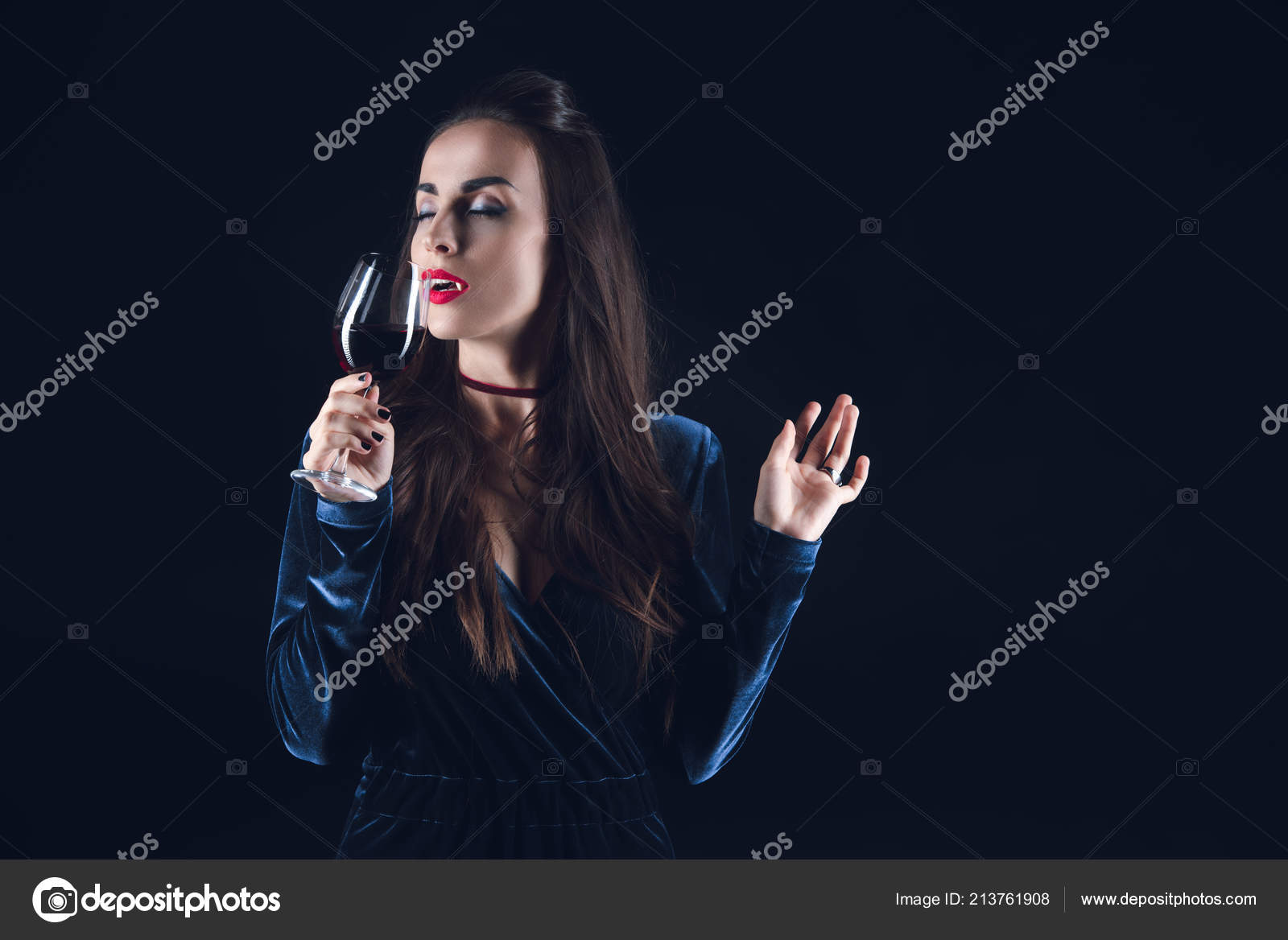 Beautiful Vampire Drinking Blood Wineglass Isolated Black — Stock Photo ...