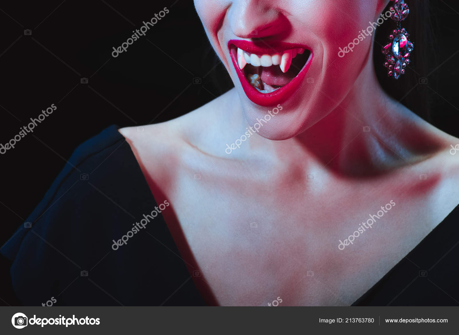 Cropped View Vampire Showing Her Teeth Isolated Black — Stock Photo ...