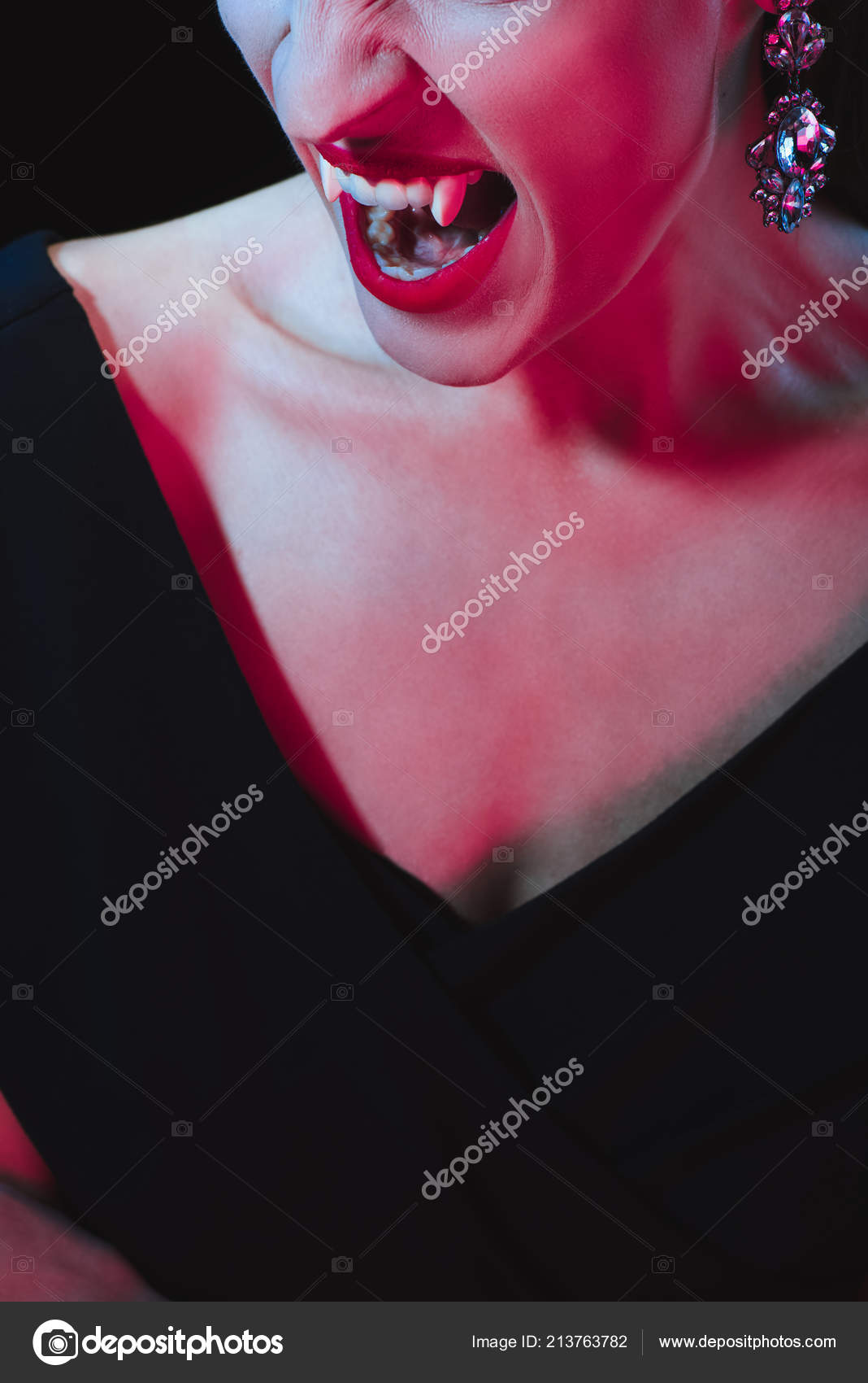 Cropped View Vampire Showing Her Fangs Dark Background — Stock Photo ...