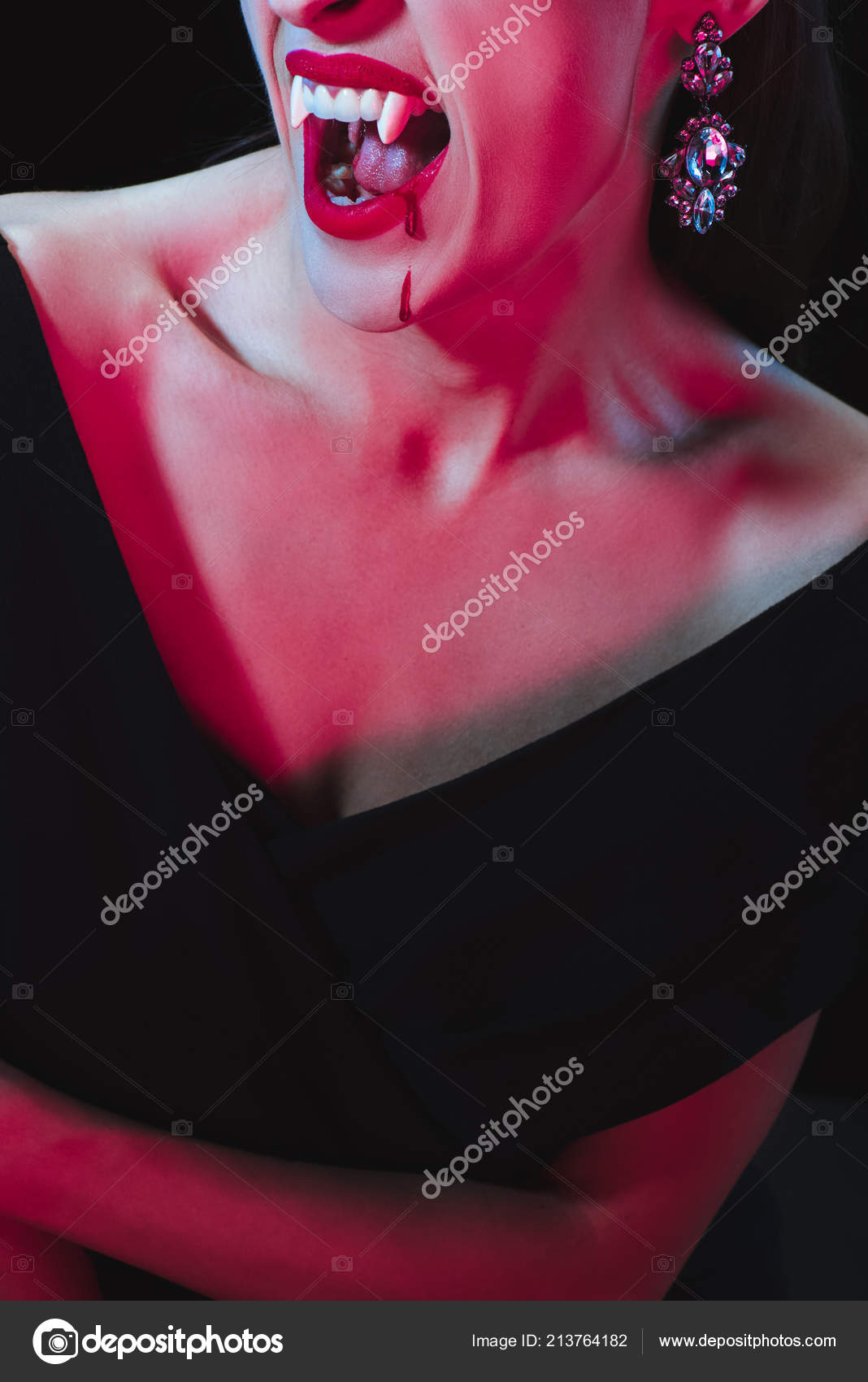 Cropped View Vampire Woman Showing Her Vampire Fangs Dark Background ...
