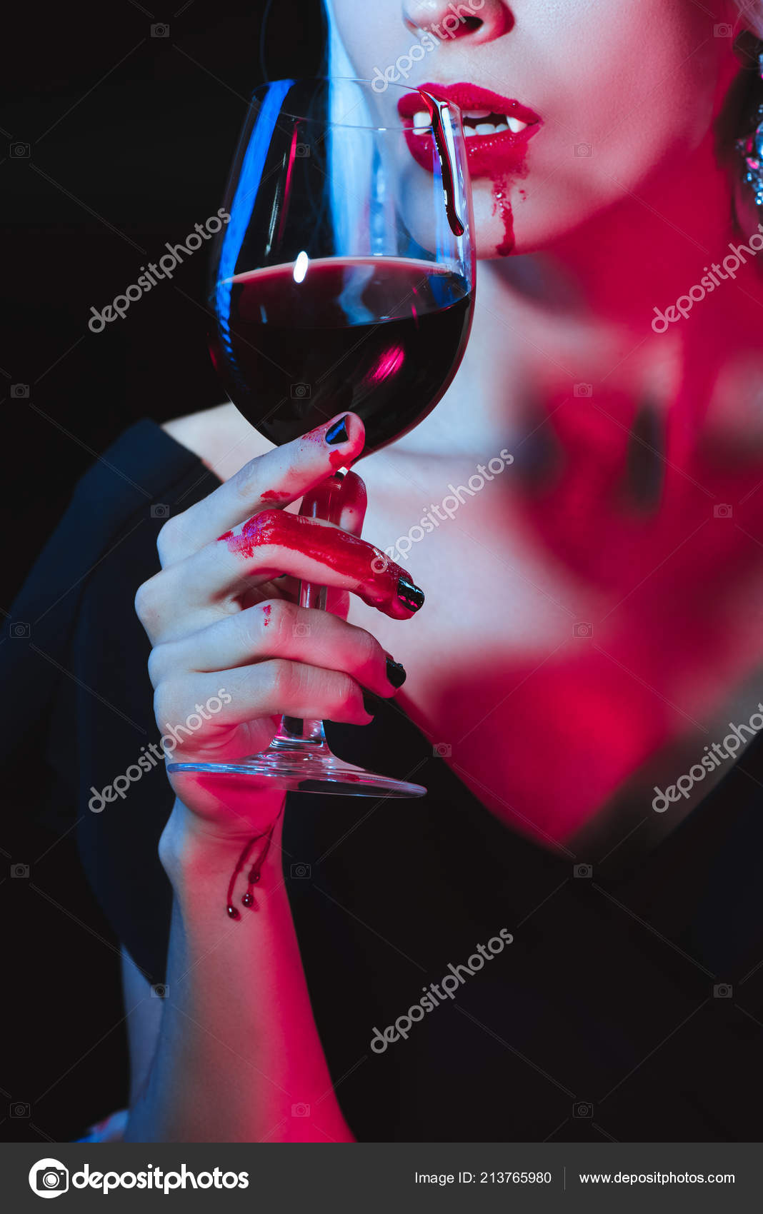 Cropped View Vampire Drinking Blood Wineglass Isolated Black Stock ...