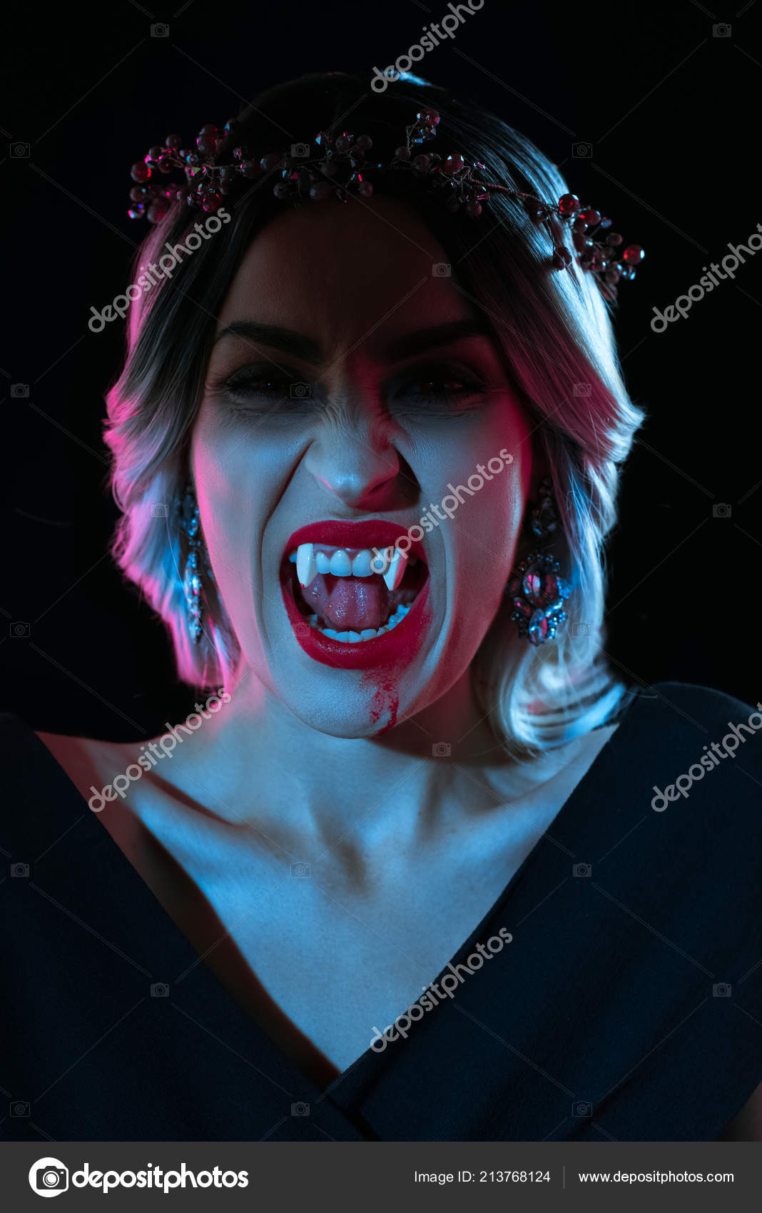 Vampire Woman Showing Vampire Teeth Isolated Black — Stock Photo ...