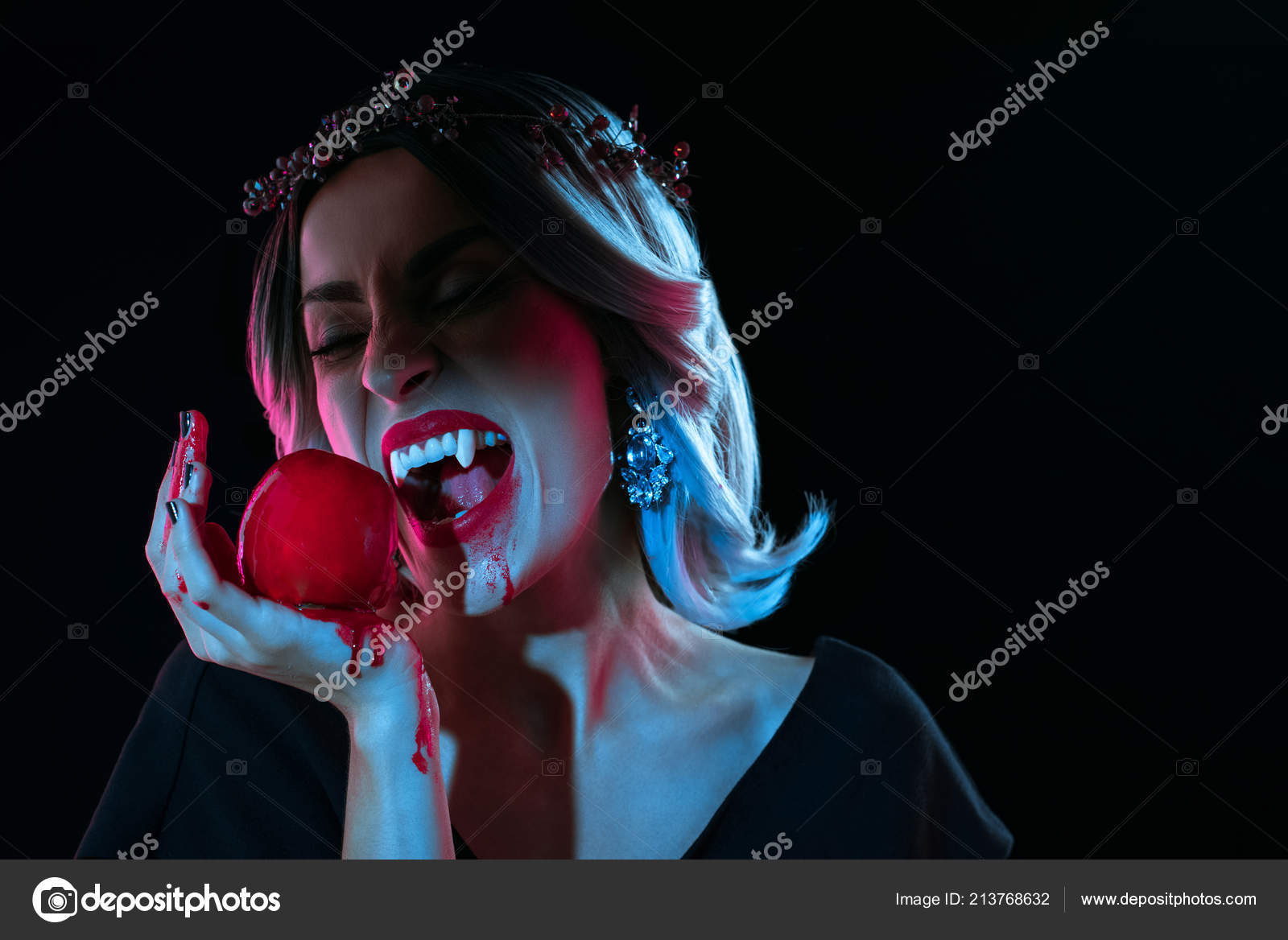 Sexy Vampire Woman Bitting Red Bloody Apple Isolated Black — Stock ...