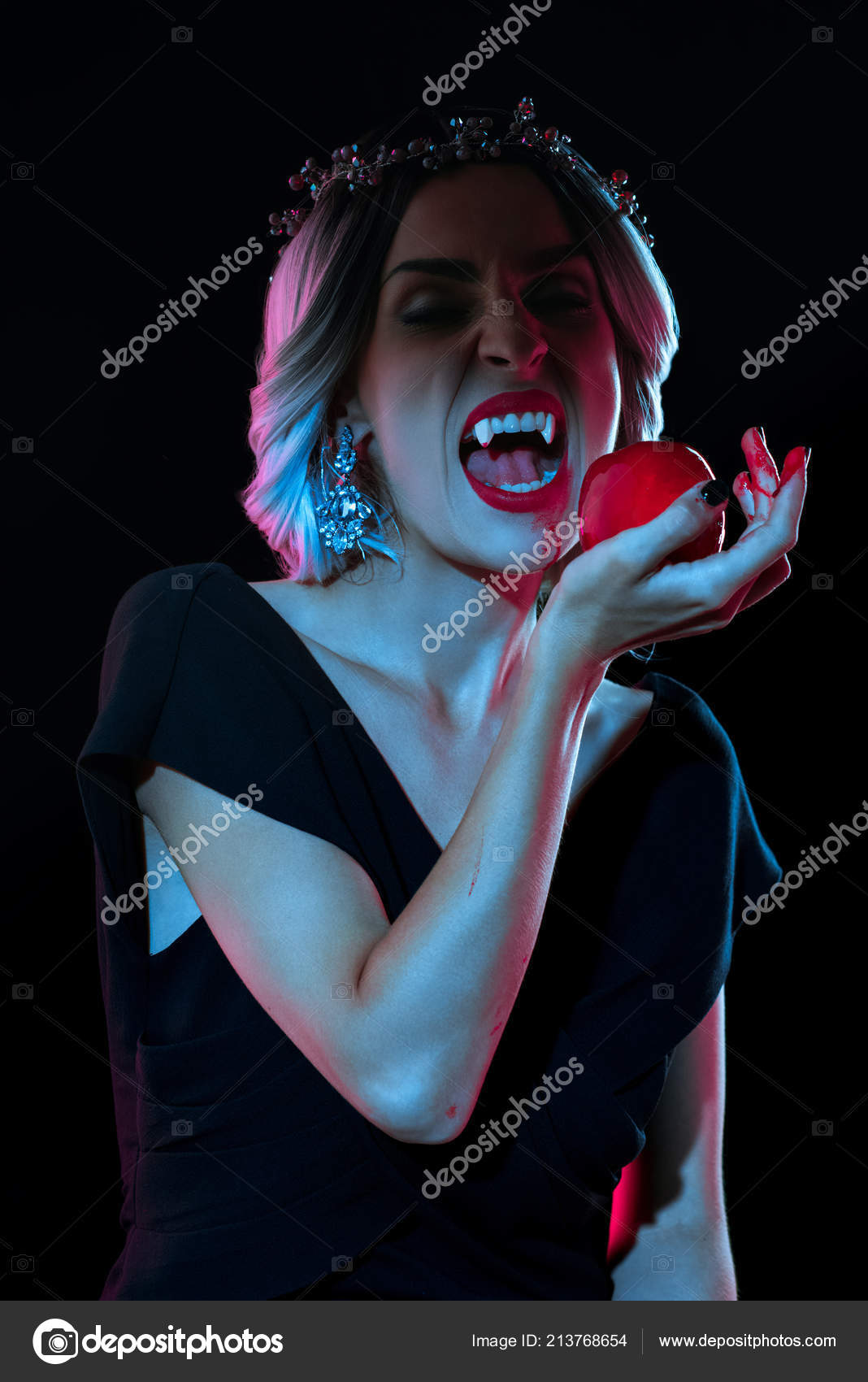 Vampire Bitting Red Bloody Apple Isolated Black — Stock Photo ...