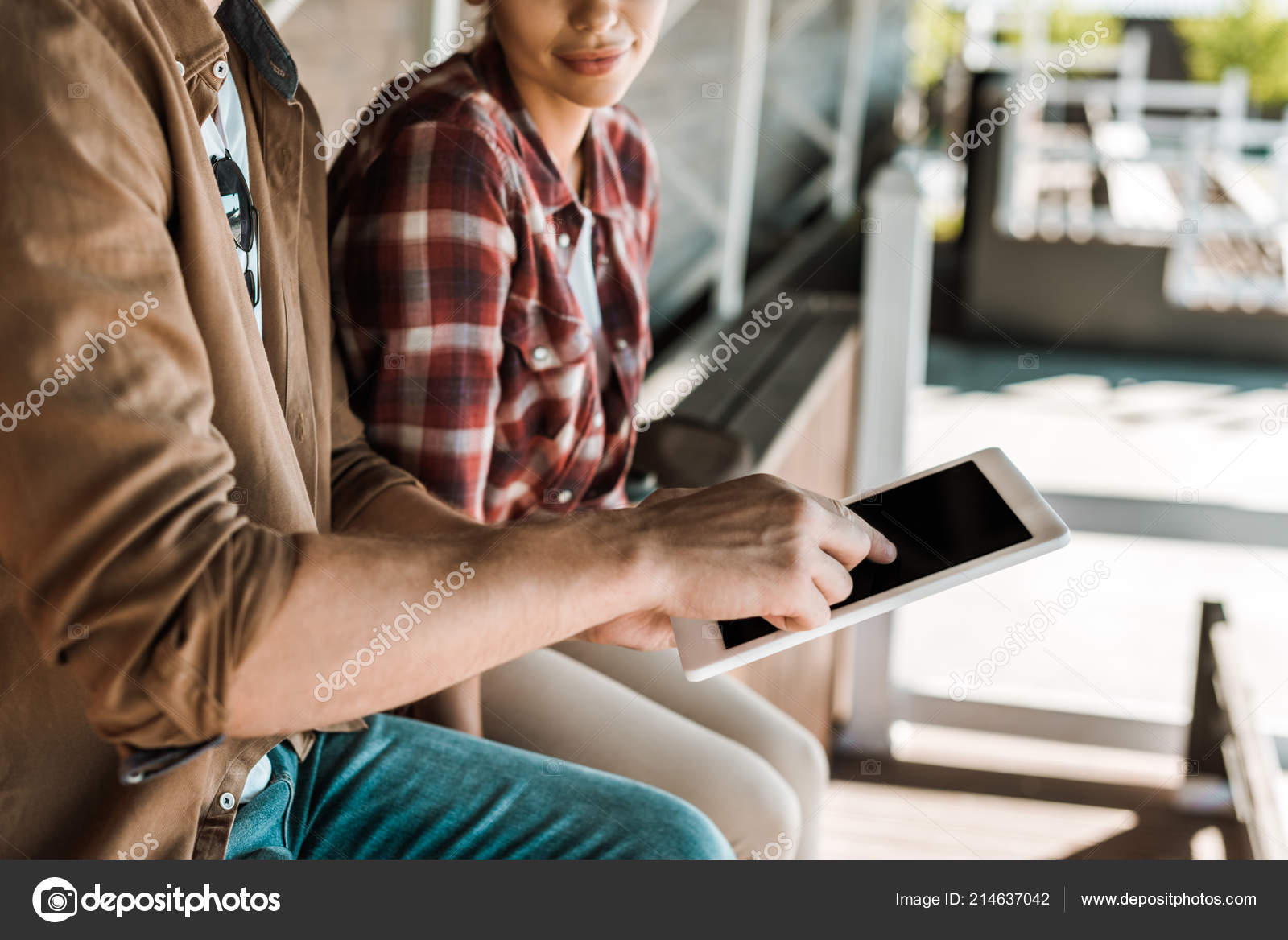 Cropped Image Cowboy Cowgirl Using Tablet Blank Screen Ranch — Stock ...