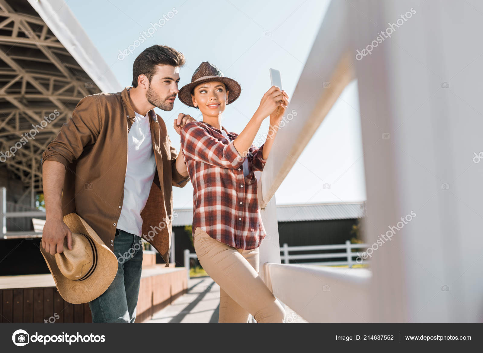 Selective Focus Stylish Equestrians Casual Clothes Taking Selfie ...