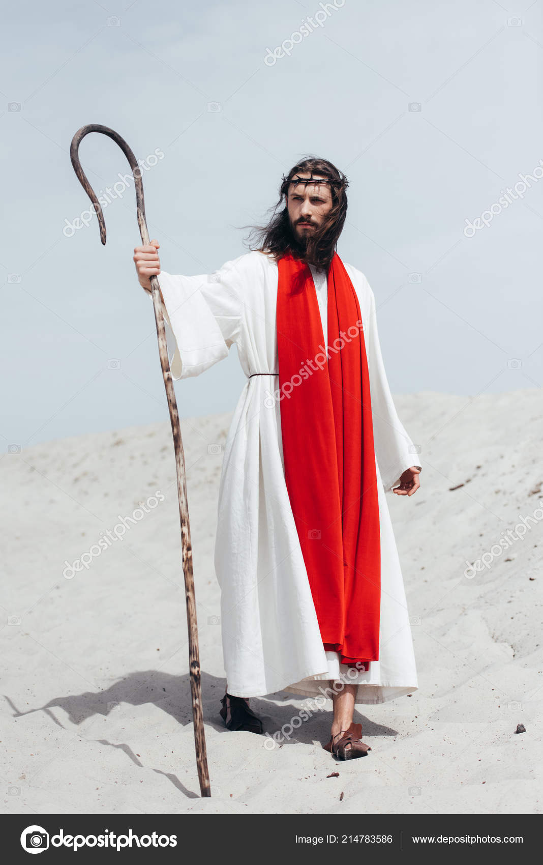 Jesus Robe Red Sash Crown Thorns Standing Wooden Staff Desert — Stock ...