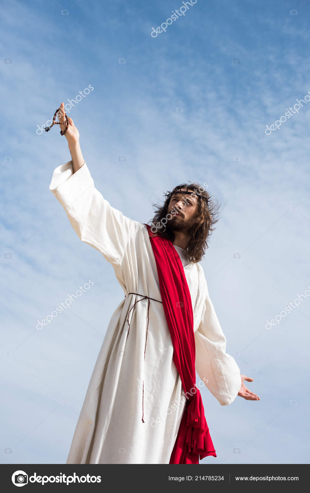 Low Angle View Jesus Robe Red Sash Crown Thorns Holding — Stock Photo ...