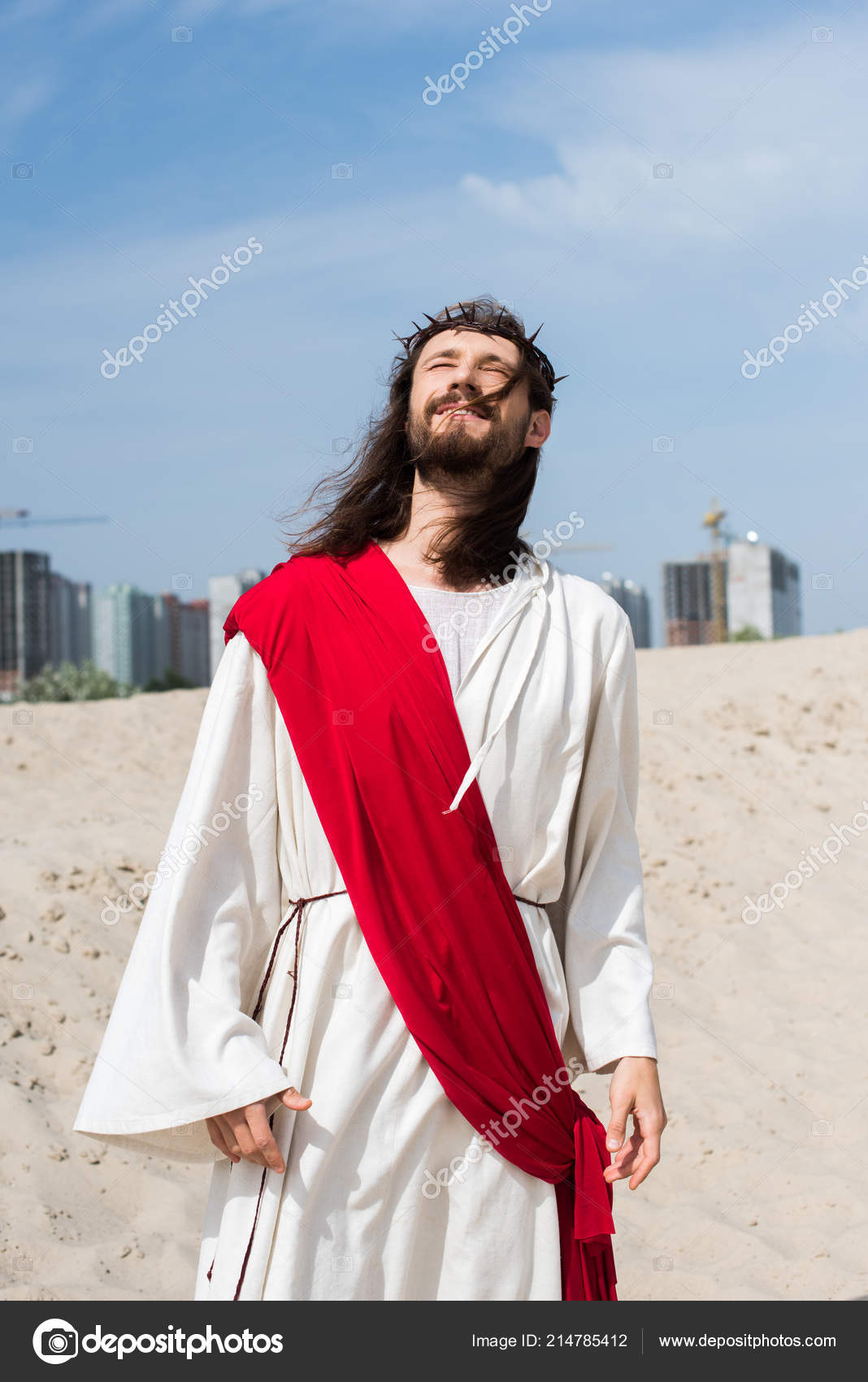 Jesus Robe Red Sash Crown Thorns Standing Sand Closed Eyes Stock Photo ...
