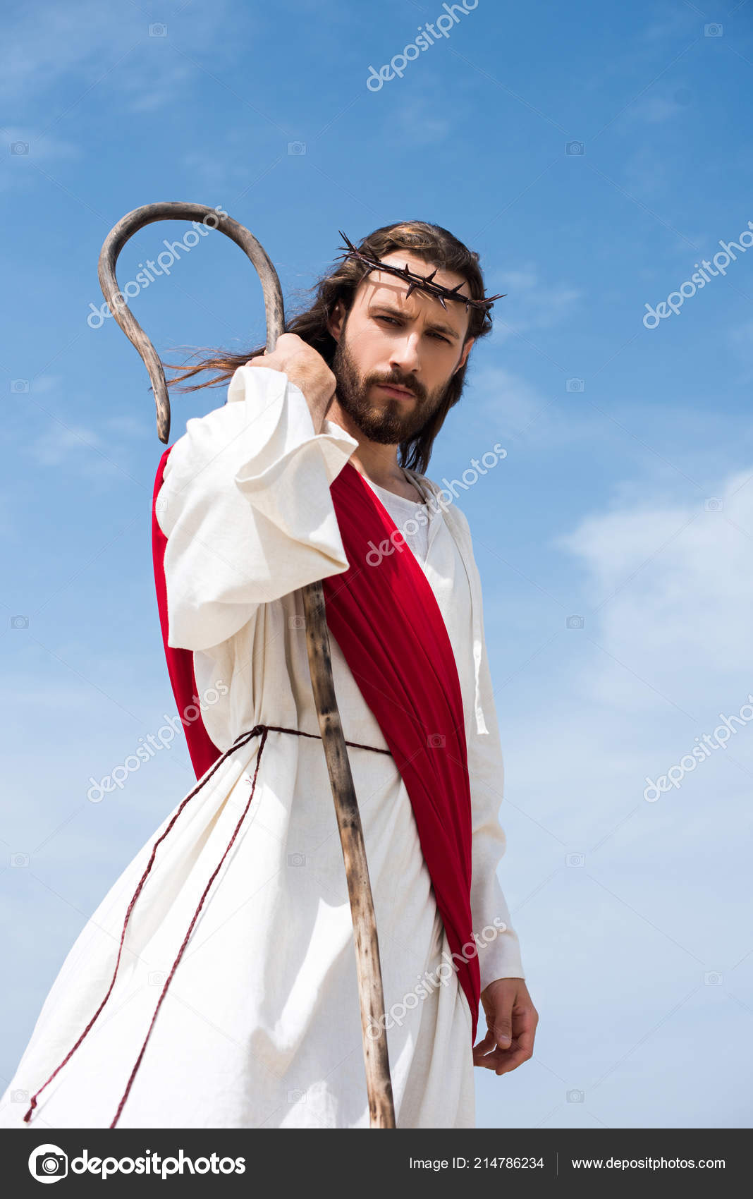 Low Angle View Jesus Robe Red Sash Crown Thorns Standing — Stock Photo ...